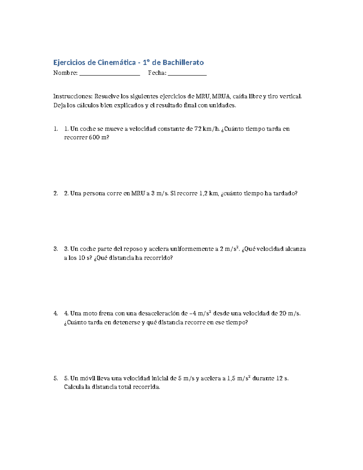 Ejercicios de Cinemática para 1º de Bachillerato - Studocu