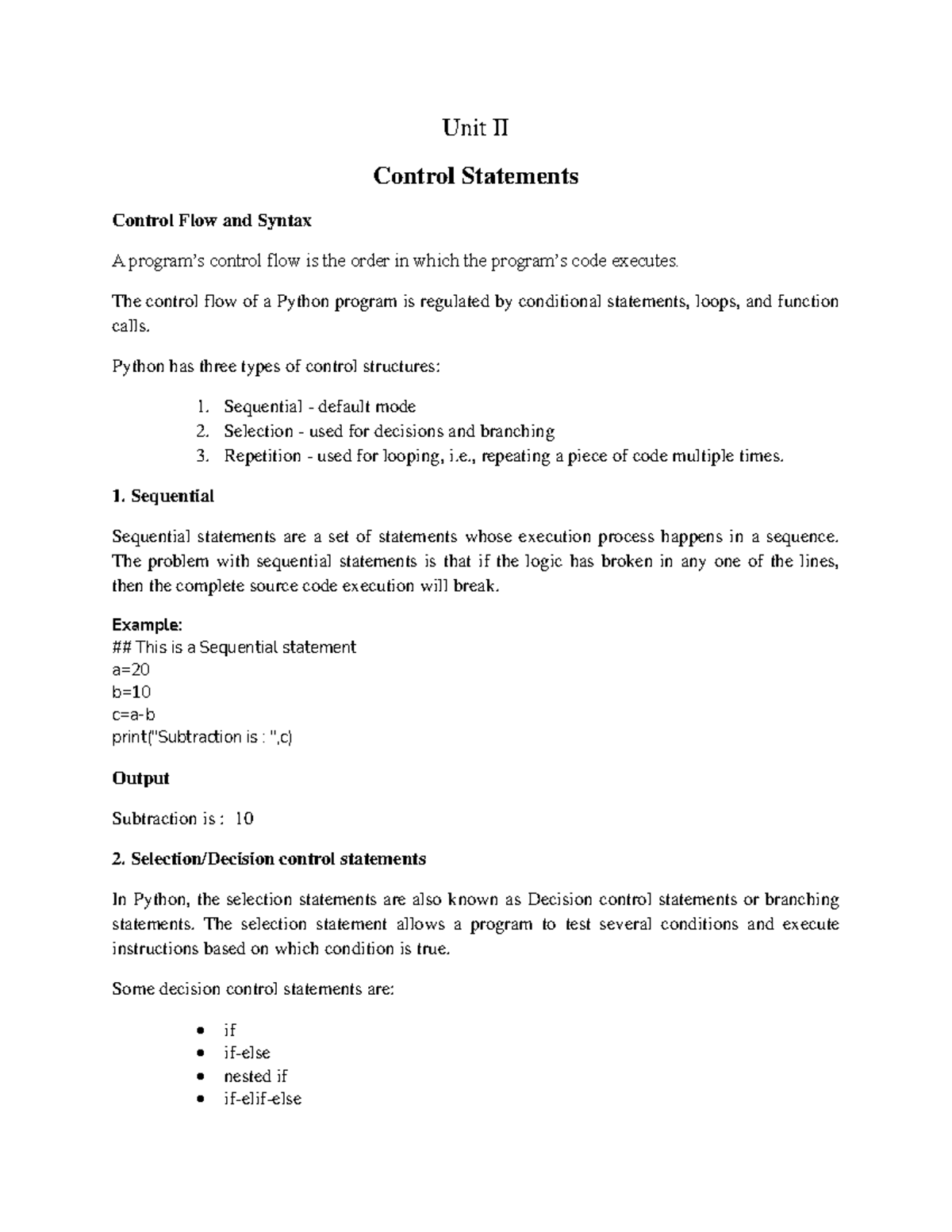 Unit II: Control Statements - Coding Concepts and Syntax Review - Studocu