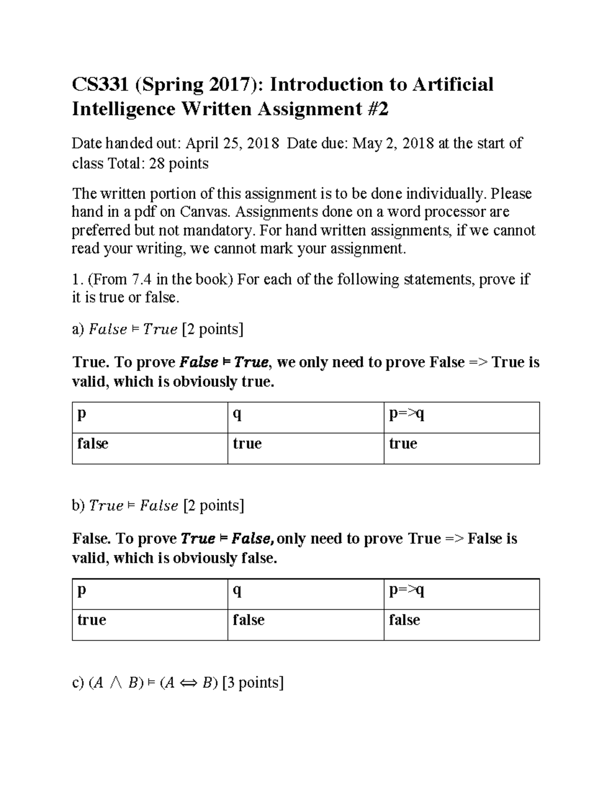 CS331 writing assignment 2 - CS331 (Spring 2017): Introduction to Artificial Intelligence ...
