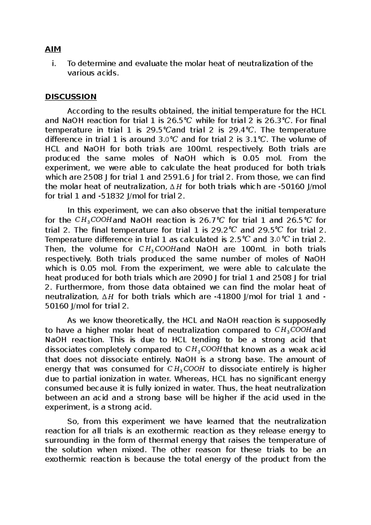 LAB 3: Molar Heat of Neutralization of Acids - AIM & Discussion - Studocu