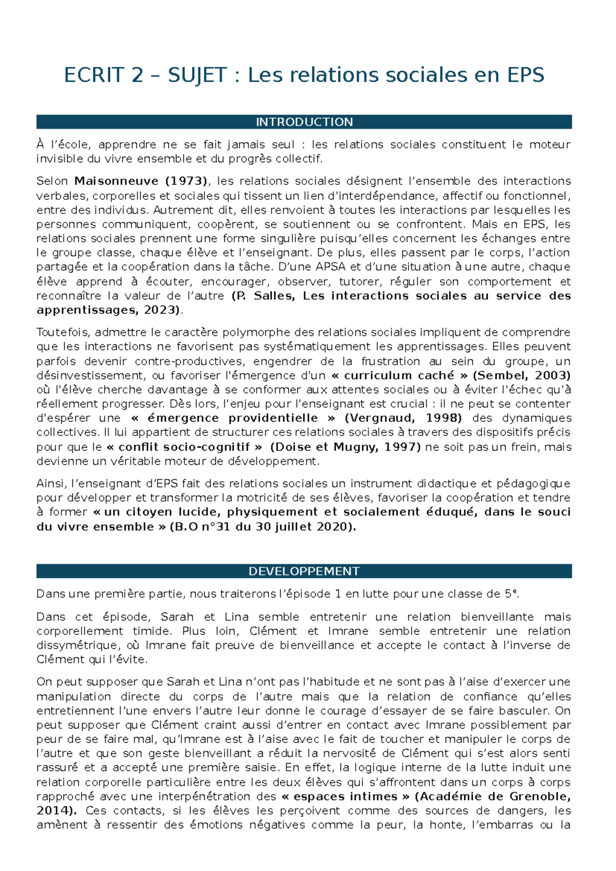 ECRIT 2 SUJET : Les Relations Sociales en EPS - Analyse et ...