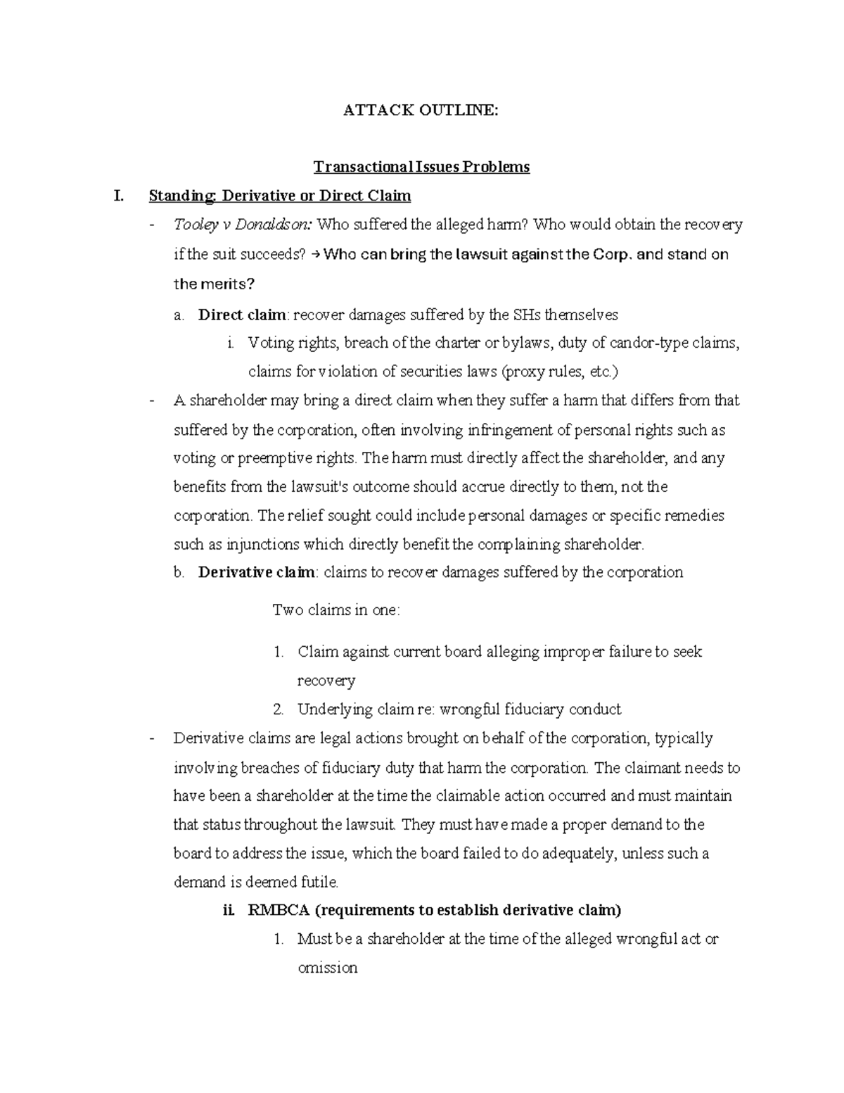 Corporate Law - Attack Outline on Derivative Claims and Fiduciary ...