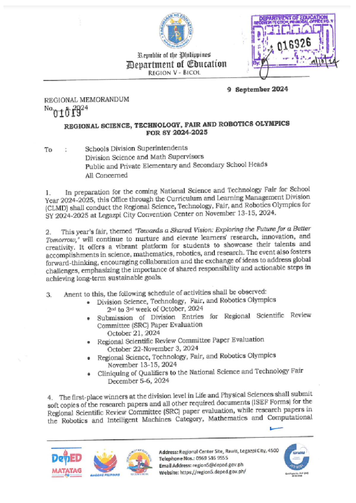 Regional Science, Tech, Fair & Robotics Olympics Memo RSTF 2024 - Studocu