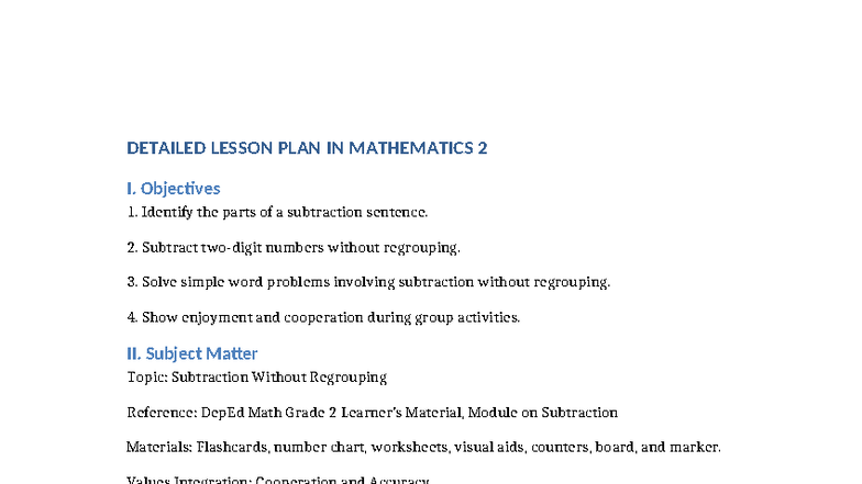 DLP Math 2: Lesson Plan on Subtraction Without Regrouping - Studocu