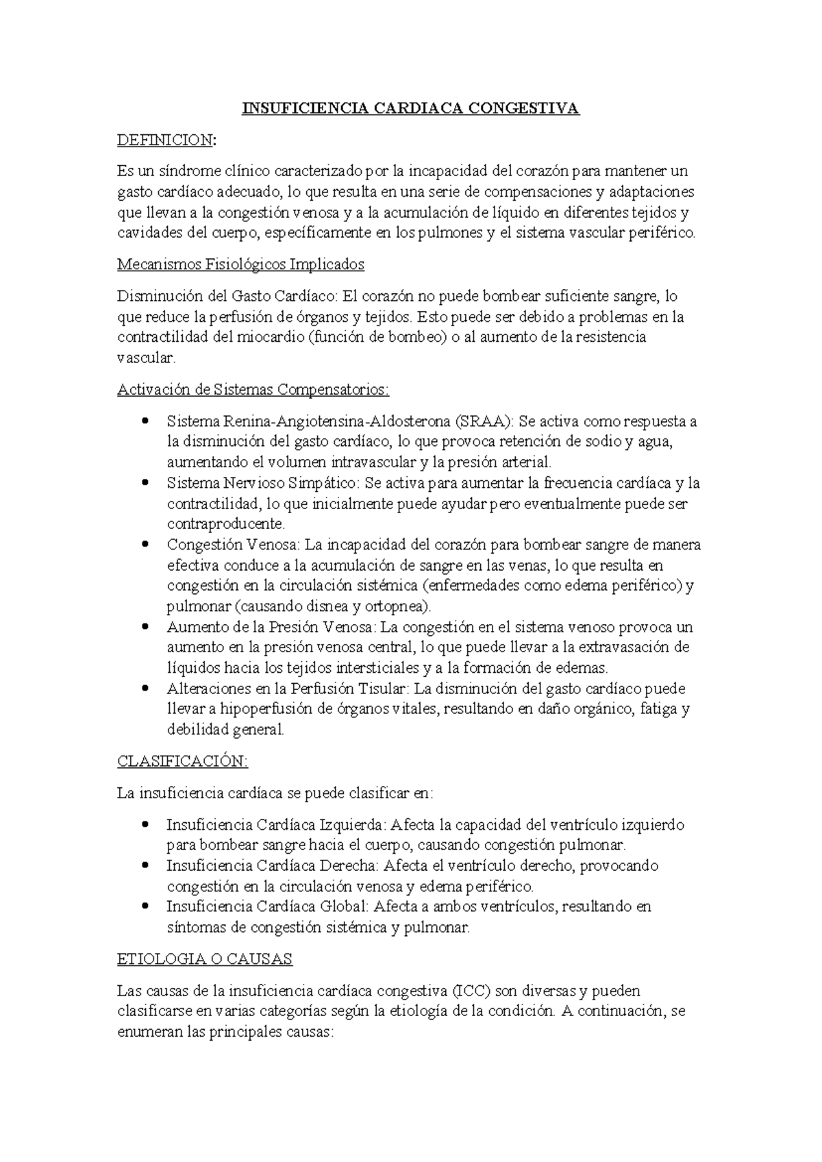 Insuficiencia Cardíaca Congestiva: Definición y Causas (ICC) - Studocu