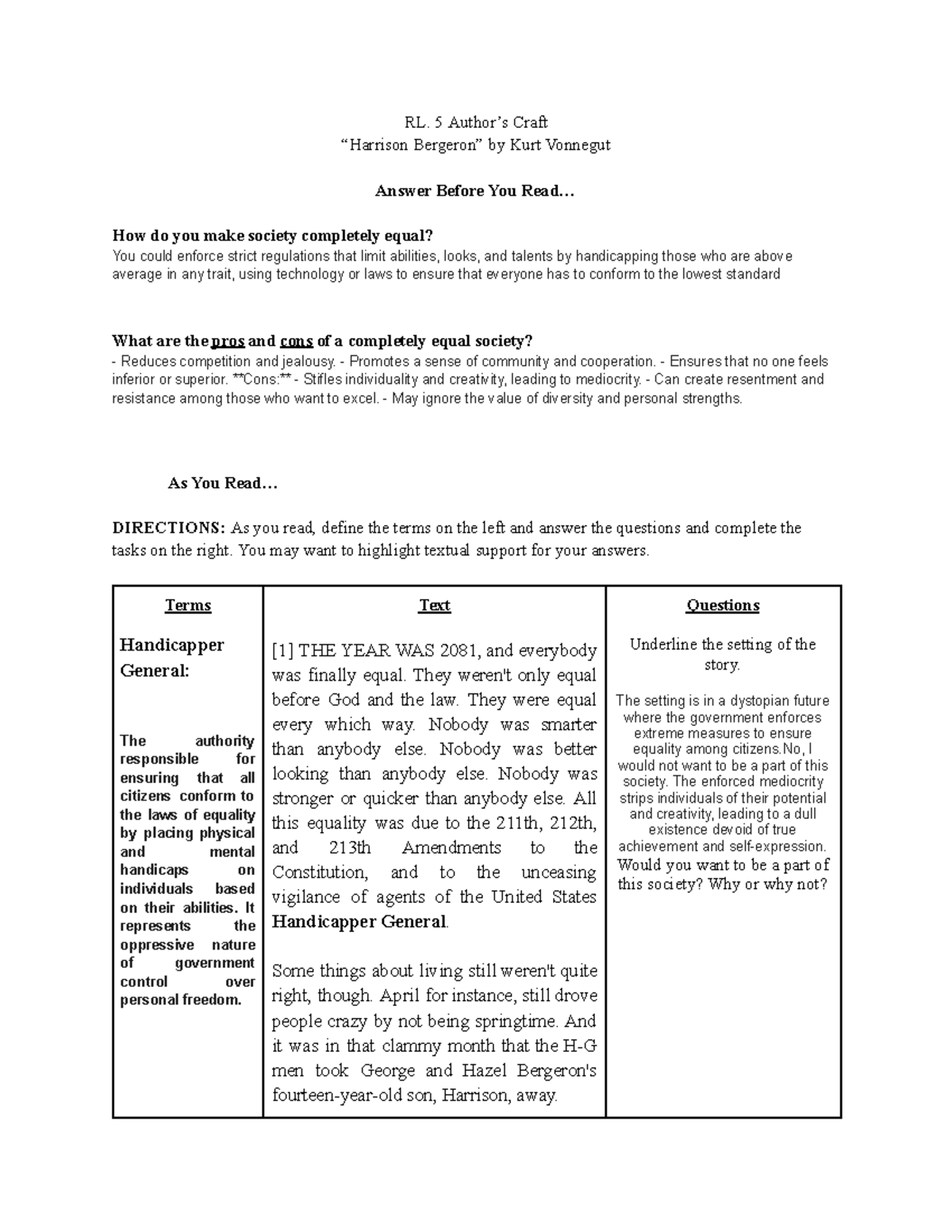 Copy of “Harrison Bergeron” by Kurt Vonnegut - RL. 5 Author’s Craft ...