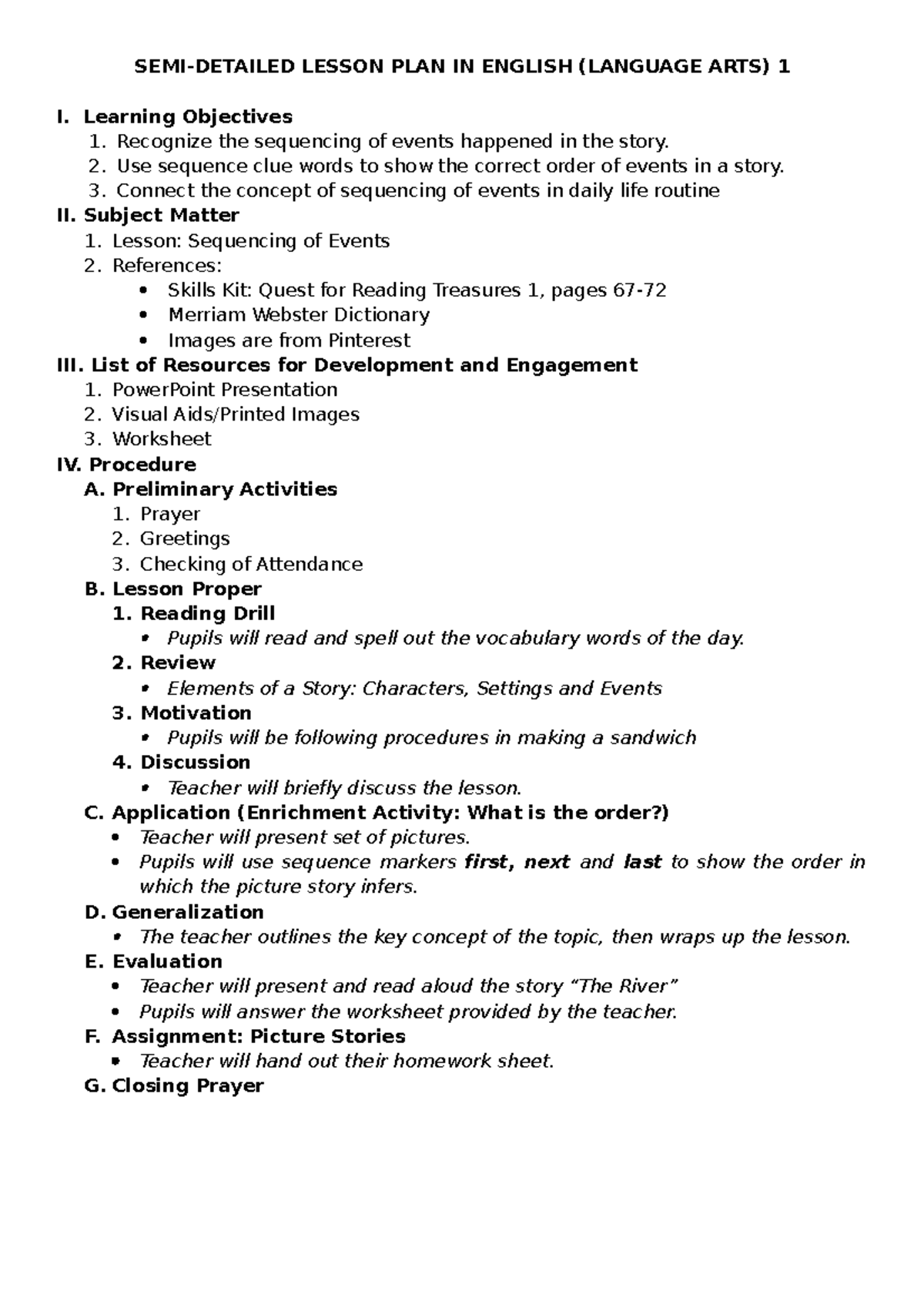 Lesson Plan: Sequencing of Events in Language Arts (ENG 1) - Studocu