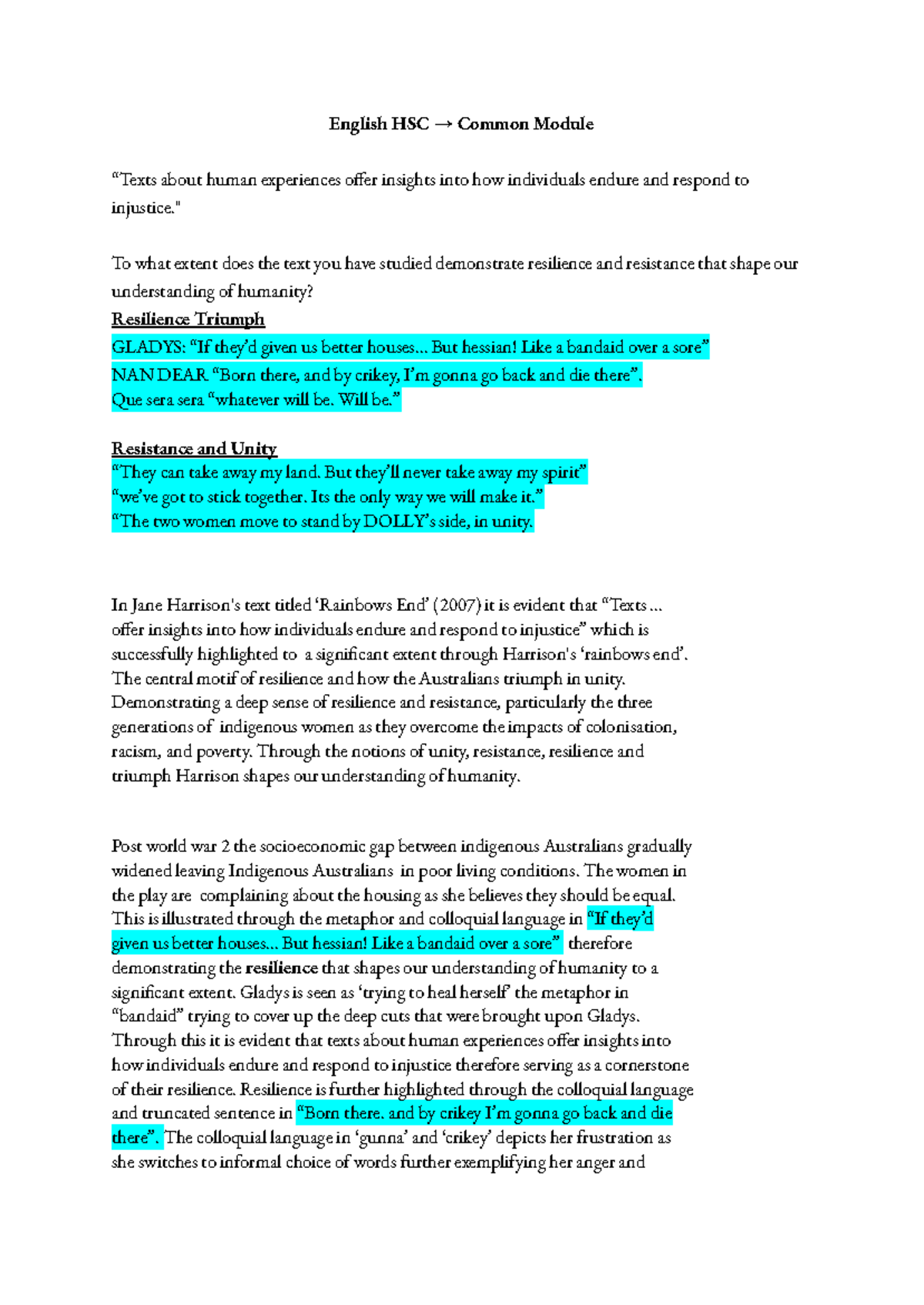 English HSC Common Module: Resilience and Resistance in Human ...