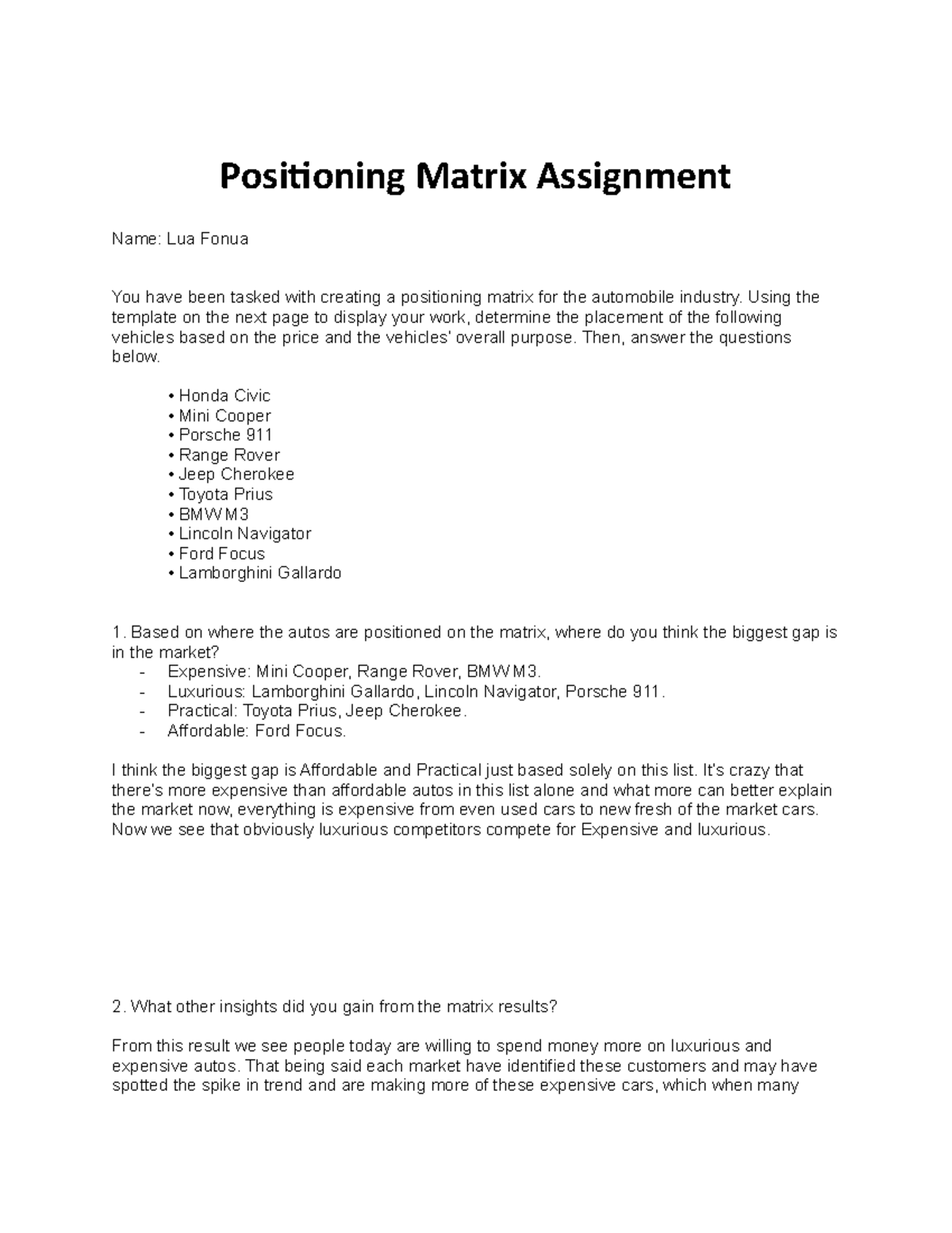 W03 Assignment: Automobile Positioning Matrix Analysis - Studocu