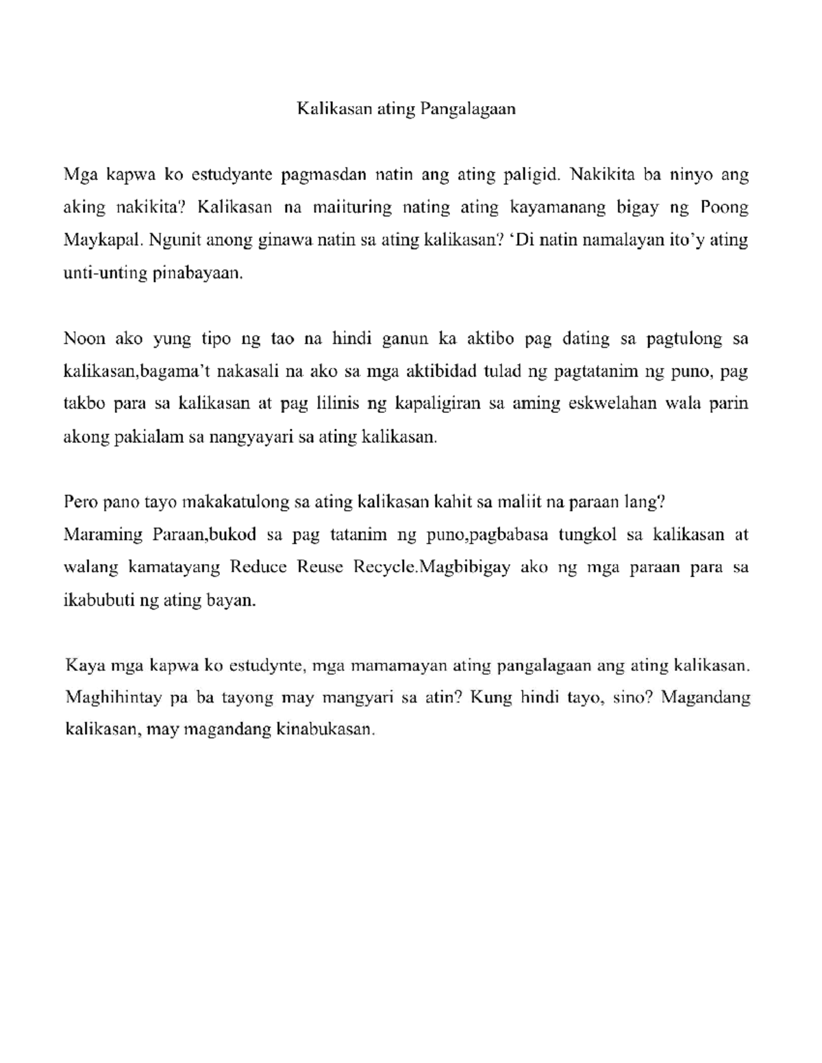 Talumpati sa Pangalagaan ng Kalikasan - Activity - Studocu