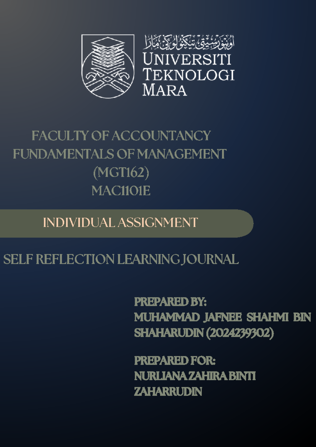 MGT162 Individual Assignment: Self-Reflection Learning Journal - Studocu