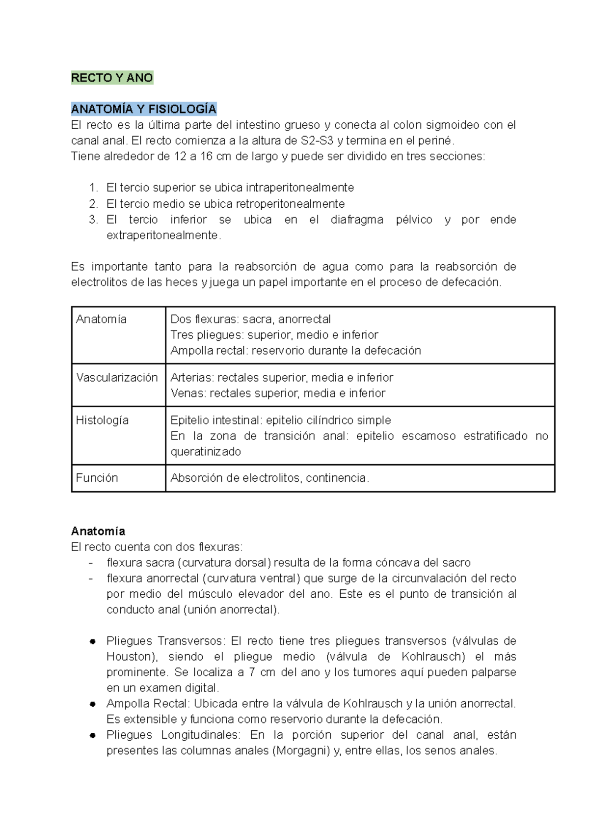 Recto y ano, notas. - RECTO Y ANO ANATOMÍA Y FISIOLOGÍA El recto es la ...