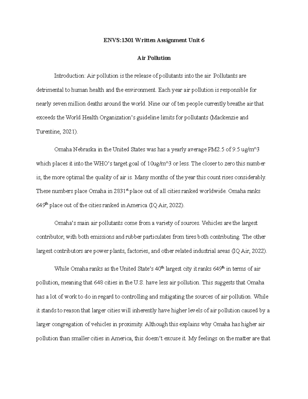Envs Written Assignment Unit 6 - ENVS:1301 Written Assignment Unit 6 Air Pollution Introduction ...