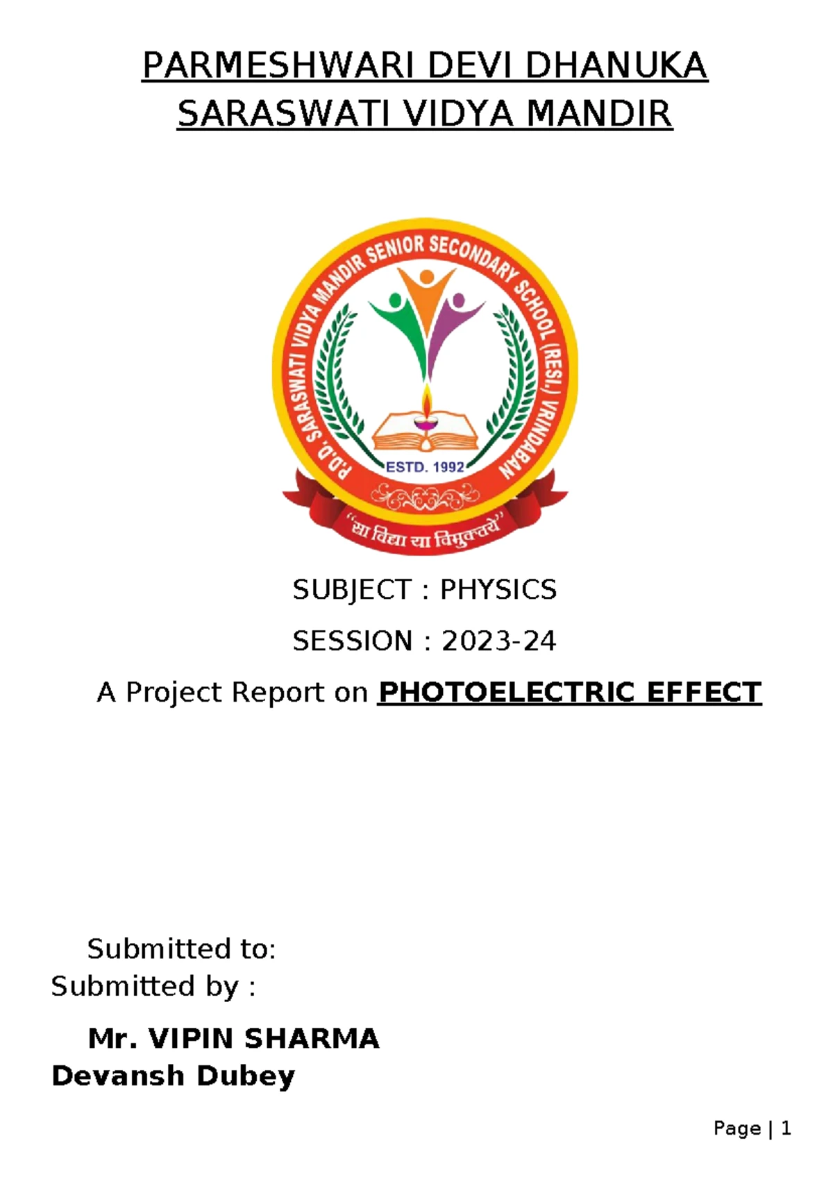 Class XII-D Physics Project: Exploring the Photoelectric Effect - Studocu