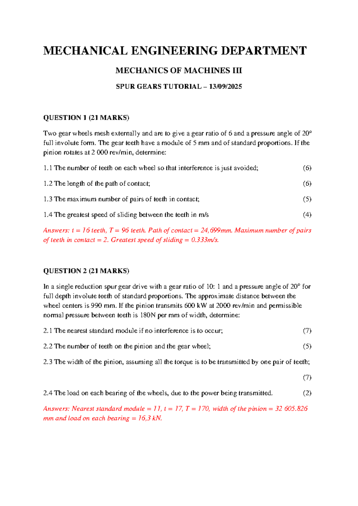 ME 101 Mechanics of Machines: Spur Gears Tutorial Questions - Studocu