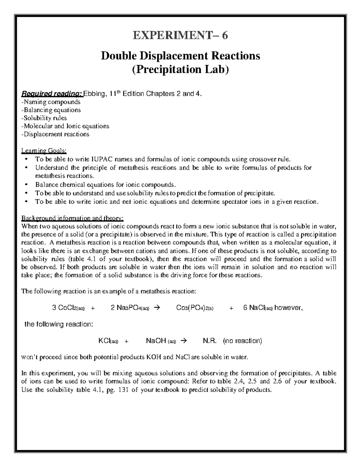 Experiment 6 - Double Displacement Reactions - EXPERIMENT– 6 Double ...