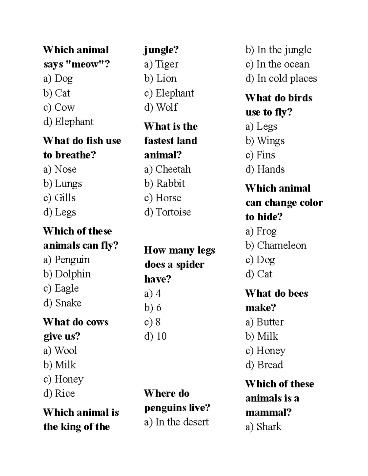 Animals quiz - multiple choices for student - Which animal says "meow ...
