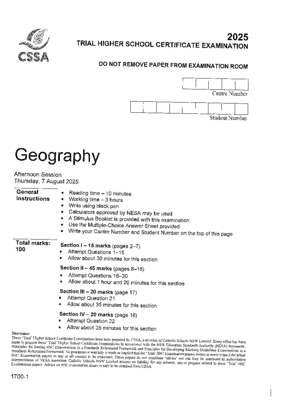 2025 CSSA Trial HSC Geography Examination Paper - Studocu
