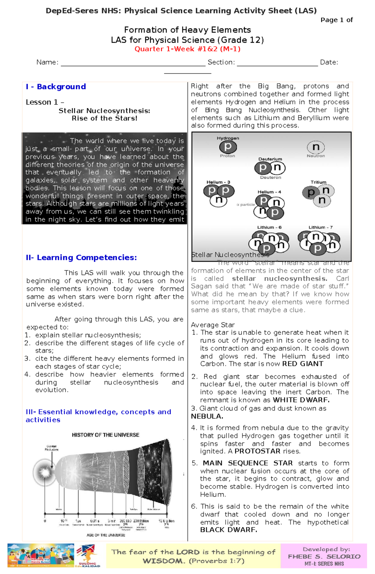 LAS Phy Sci 12 Q1W1&2 M1 - Learning Activity on Stellar Nucleosynthesis ...