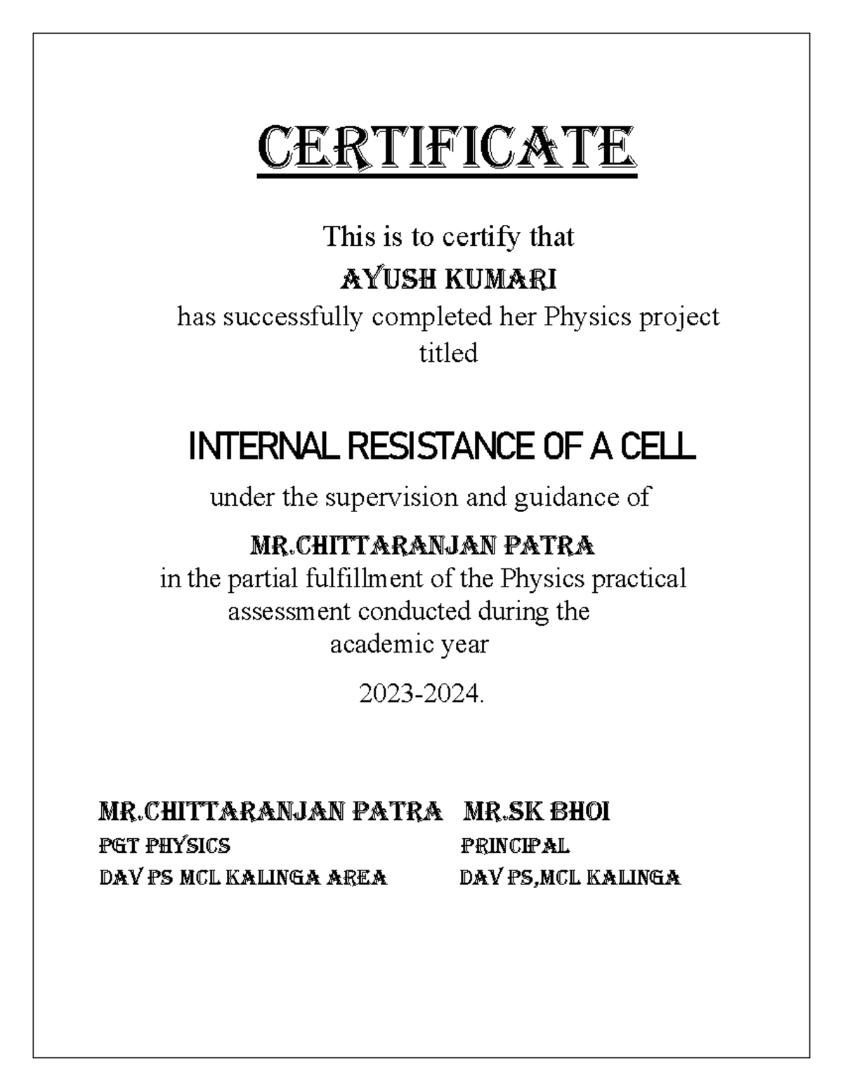 Investigatory Project on Internal Resistance of a Cell (PHYS 101) - Studocu