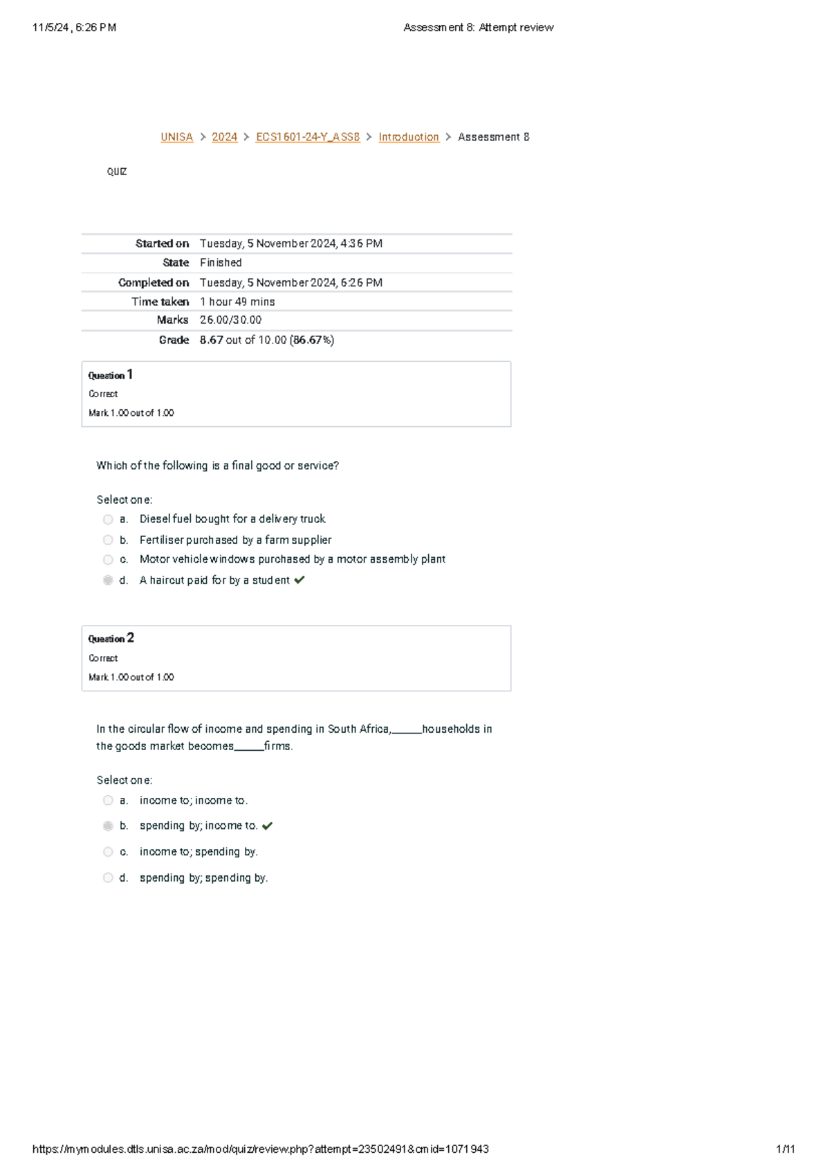 Assessment 8 Attempt review - UNISA 2024 ECS1601-24-Y_ASS8 Introduction ...