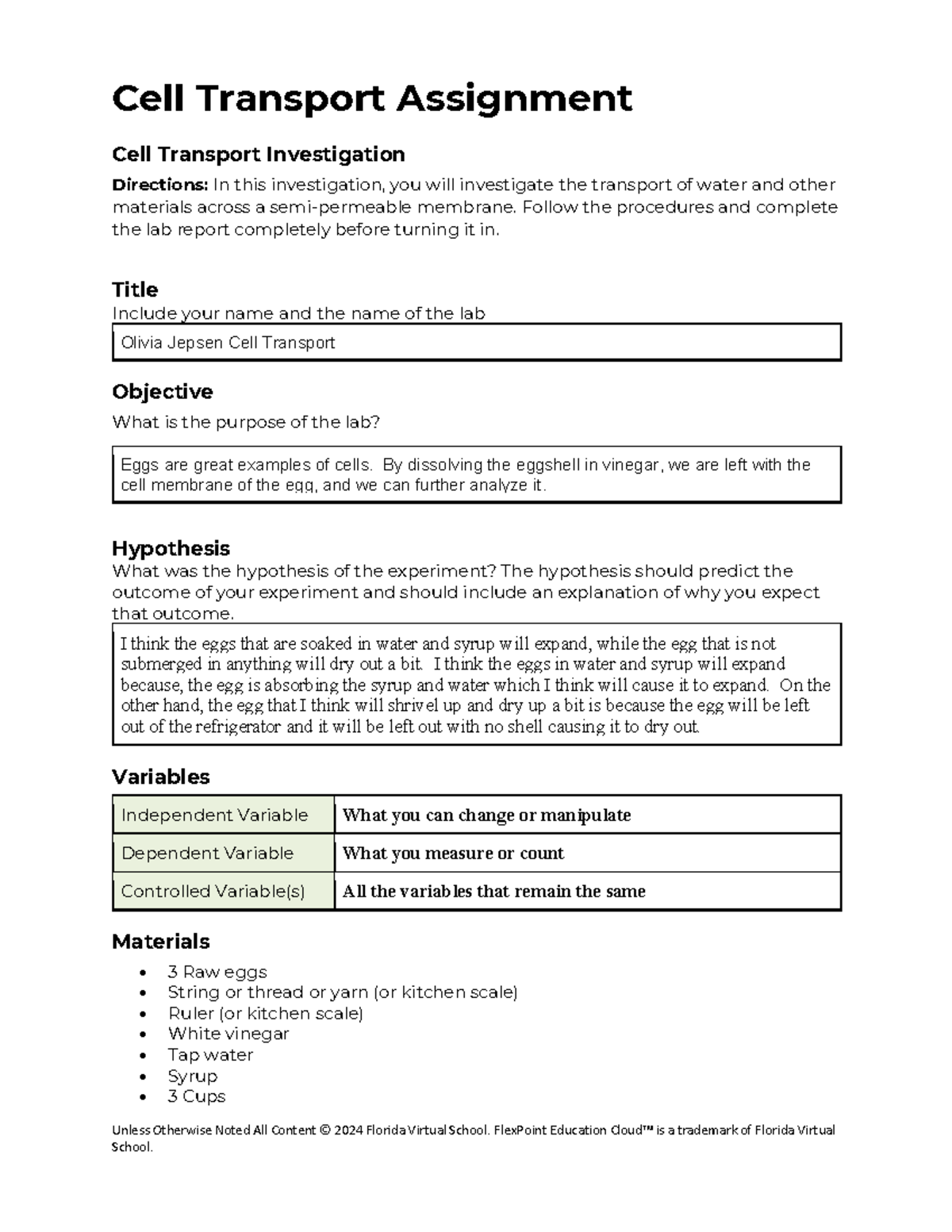 Cell Transport Lab Report (BIO 101): Investigating Osmosis in Eggs ...