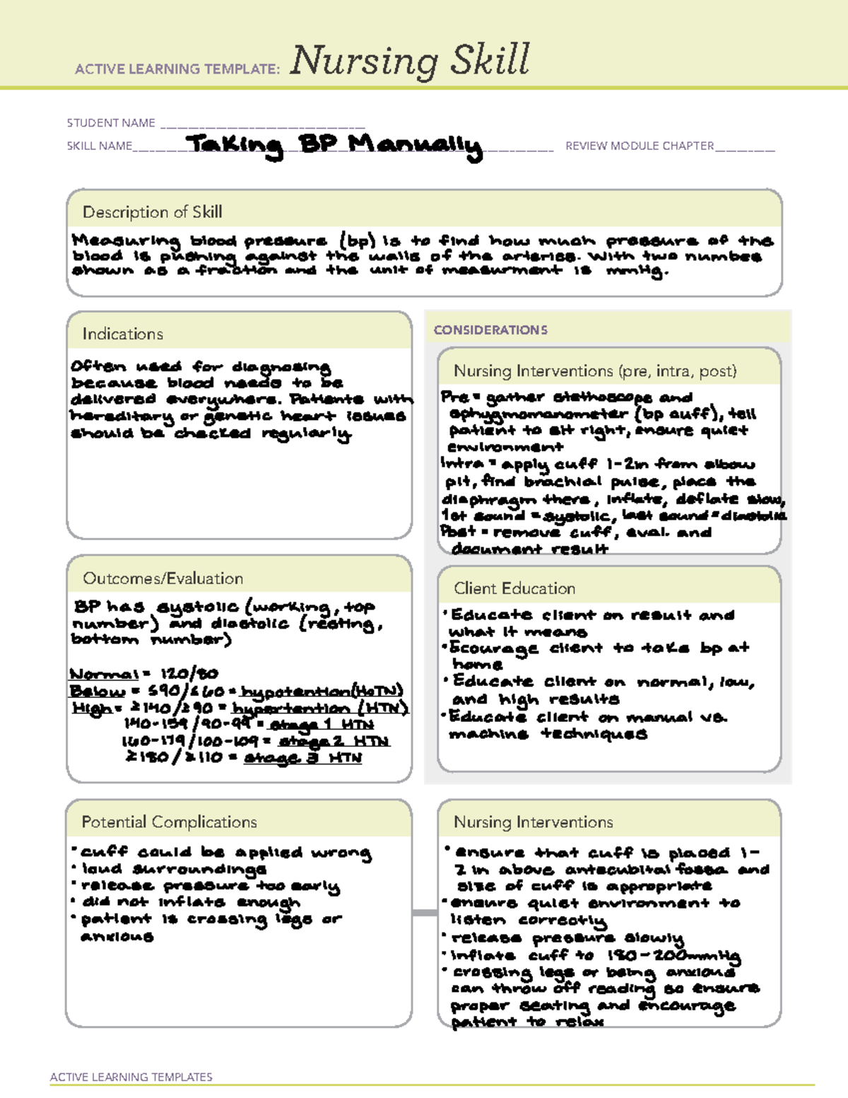 Nursing Skill: Manual Blood Pressure Measurement Guide (NUR 101) - Studocu