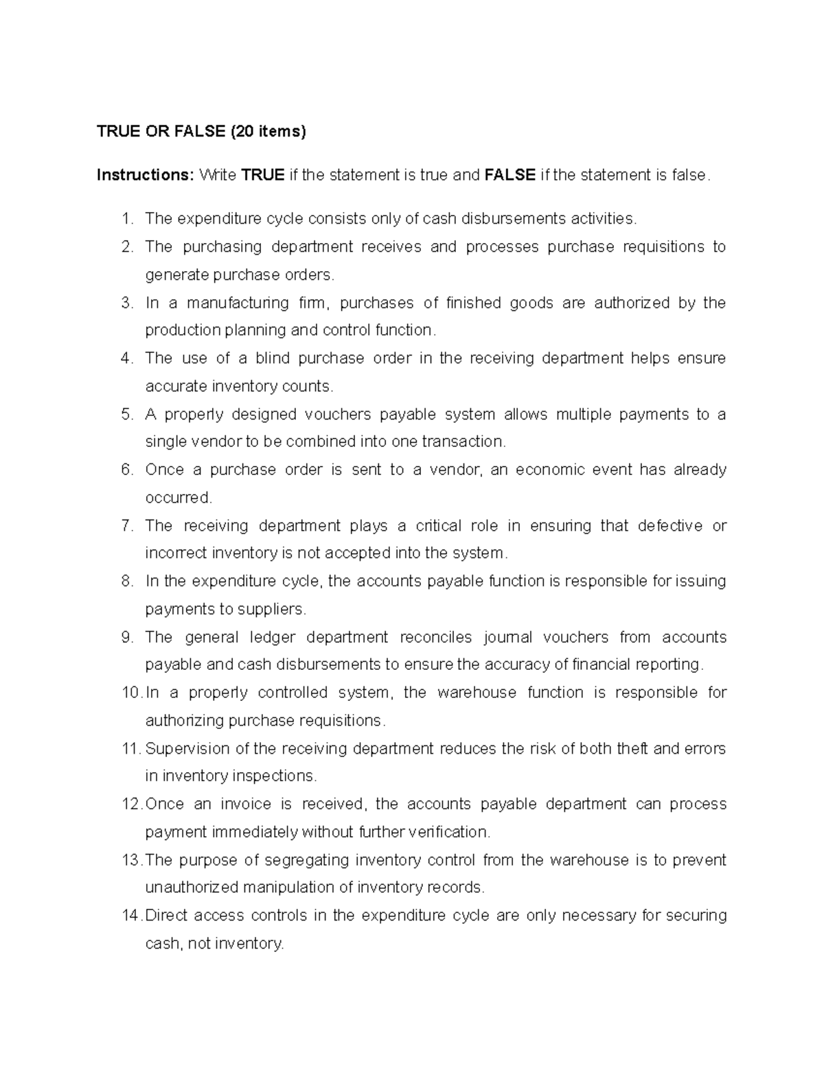 Chapter 5 QUIZ - QUESTIONNAIRE - TRUE OR FALSE (20 items) Instructions ...