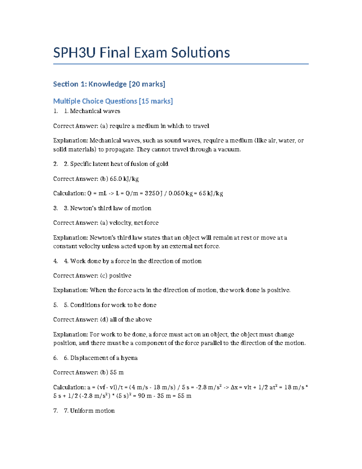 SPH3U Final Exam Solutions: Comprehensive Answers and Explanations - Studocu