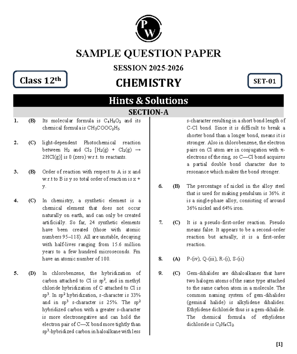 Class 12th Chemistry Sample Question Paper with Hints & Solutions - Studocu