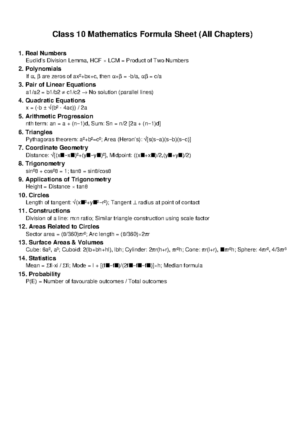 Class 10 Maths Formula Sheet: Key Concepts & Formulas - Studocu