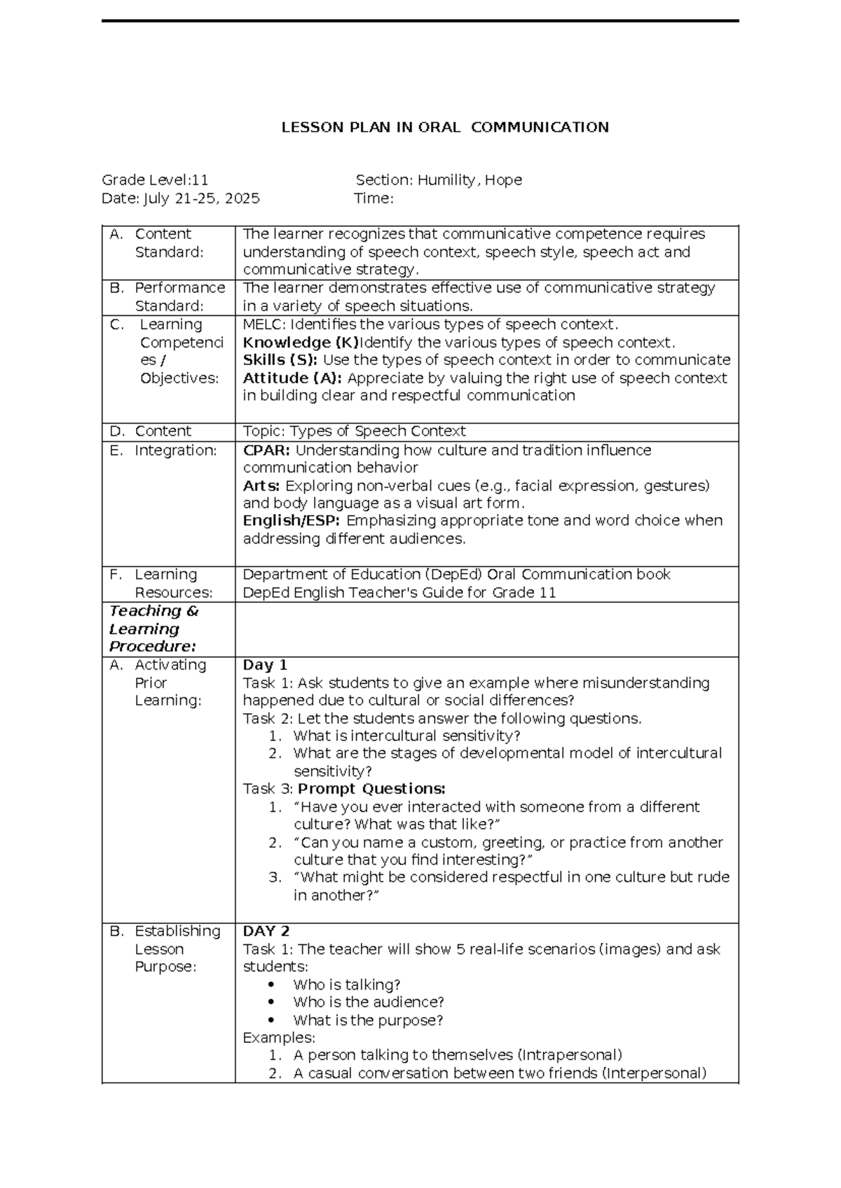 LESSON PLAN IN ORAL COMMUNICATION GRADE 11: TYPES OF SPEECH CONTEXT ...