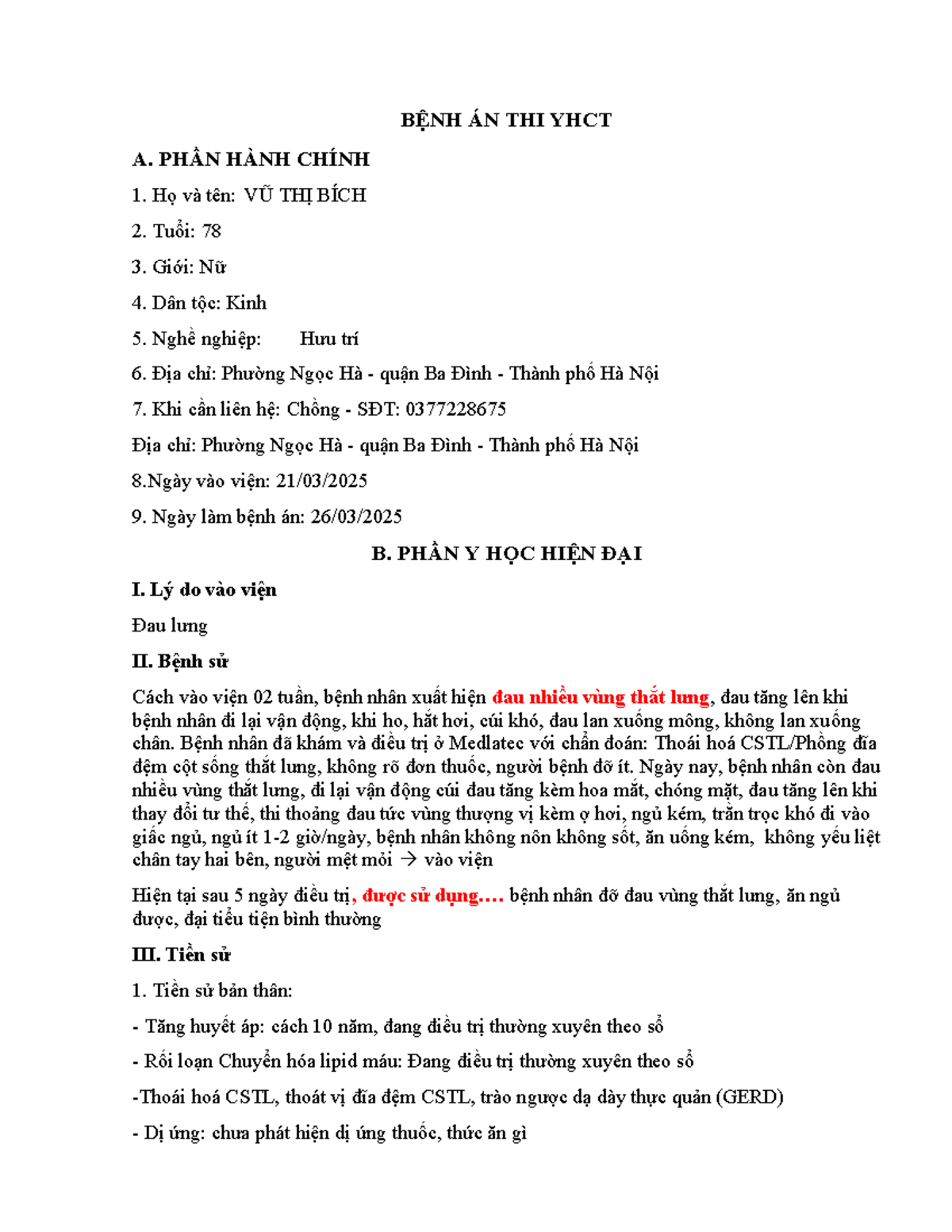 BỆNH ÁN THI NỘI YHCT: ĐAU LƯNG Ở BỆNH NHÂN 78 TUỔI - Studocu