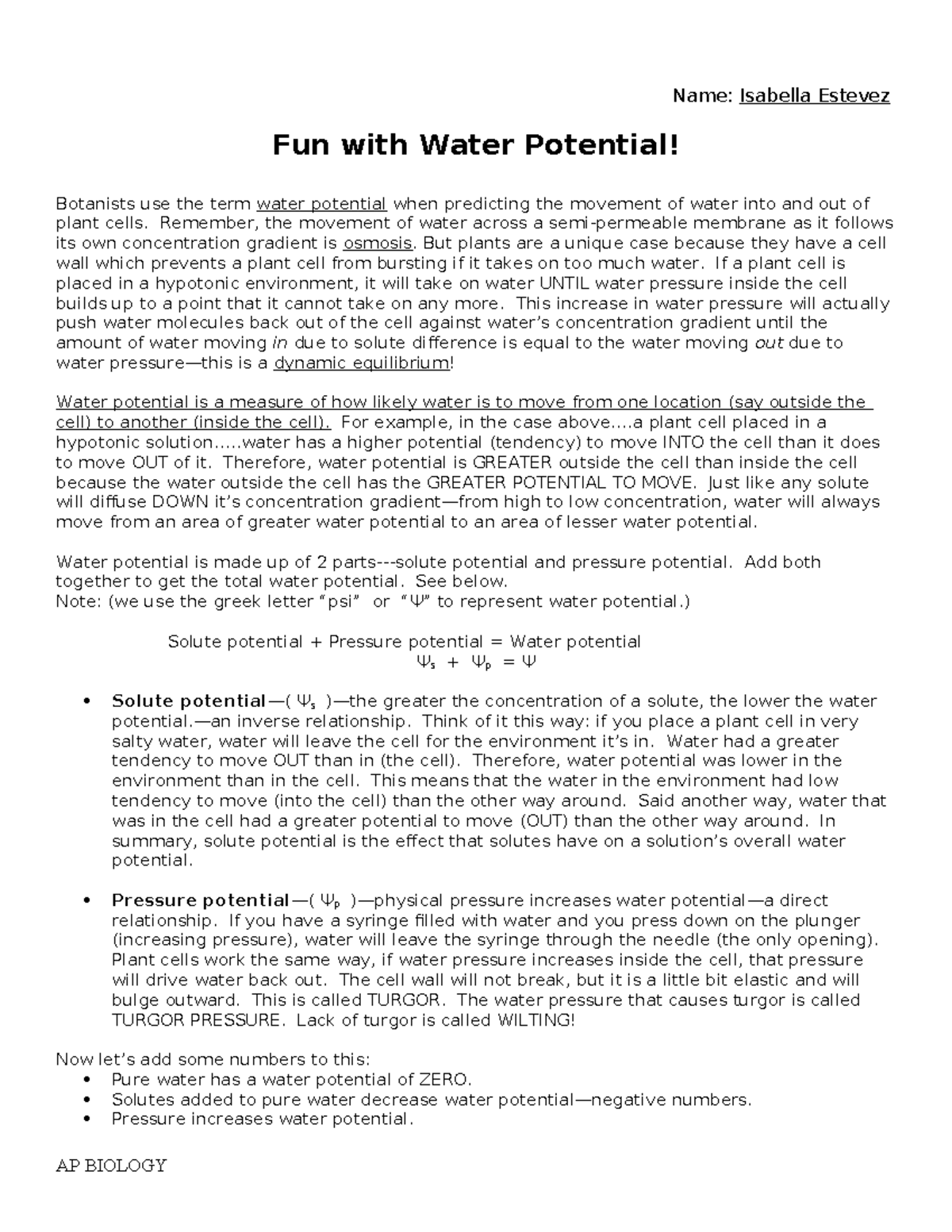 Water Potential Basics Worksheet AP BIOLOGY Notes - Studocu