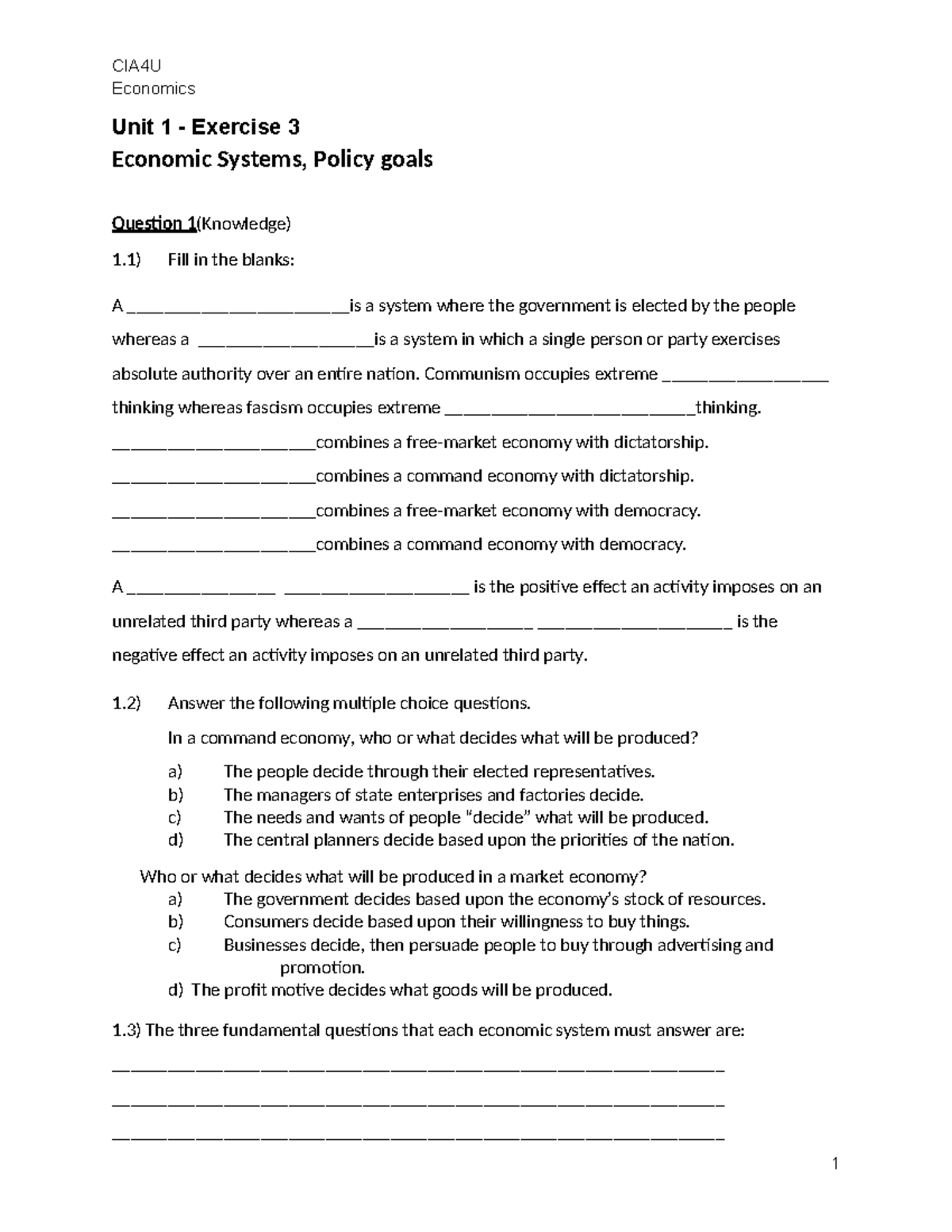 CIA4U Economics Unit 1 Exercise 3: Economic Systems & Policy Goals ...
