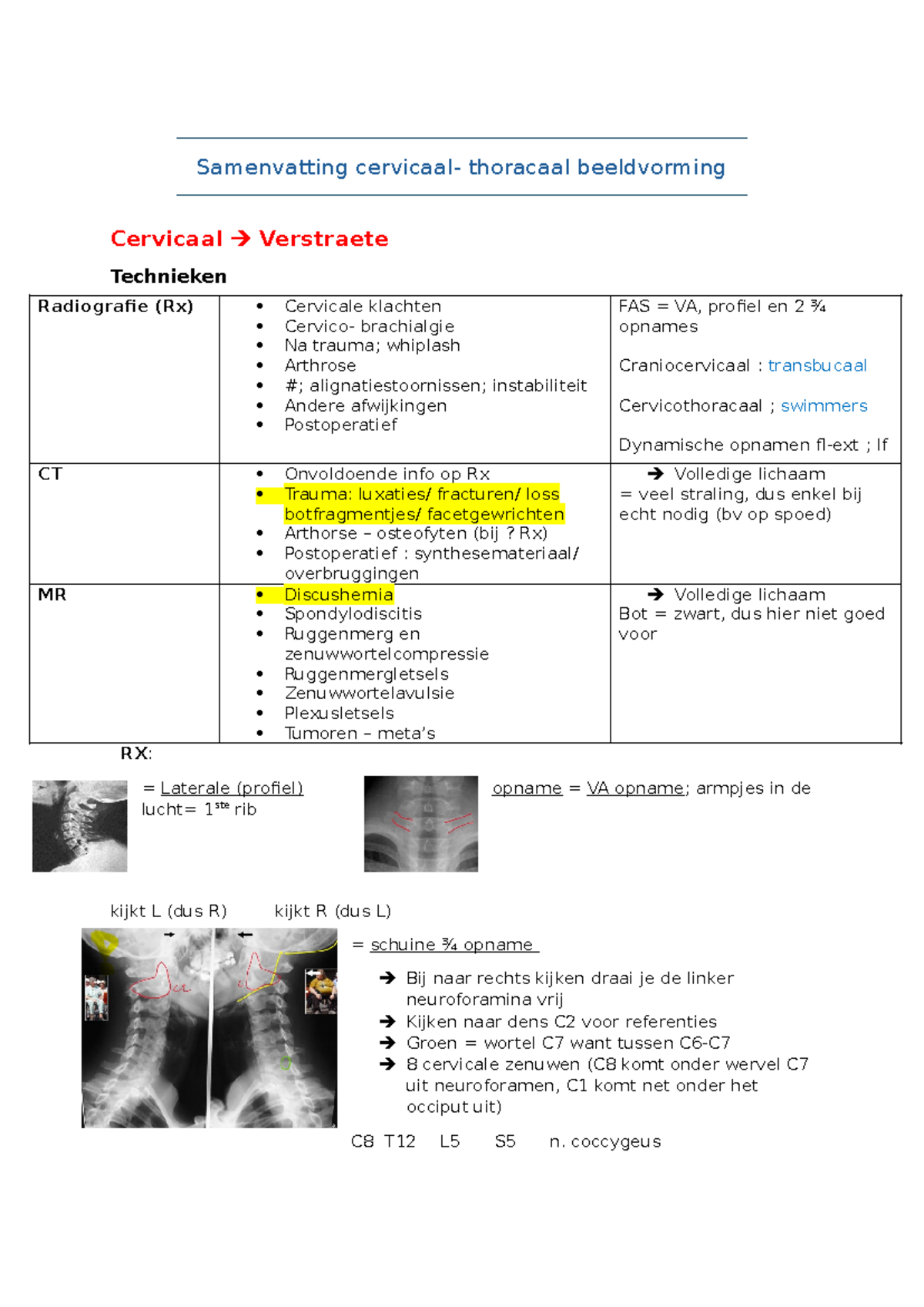 Samenvatting beeldvorming cervicaal- thoracaal - Samenvatting cervicaal ...