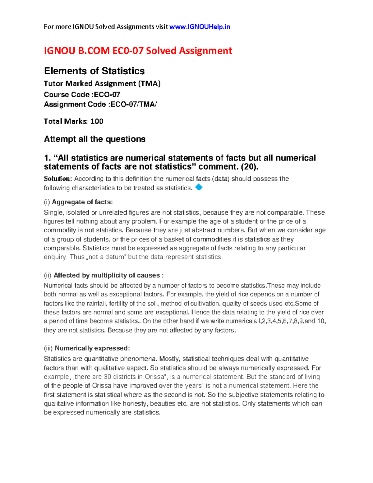 Eco 07 solved assignments - IGNOU B EC0-07 Solved Assignment Elements ...