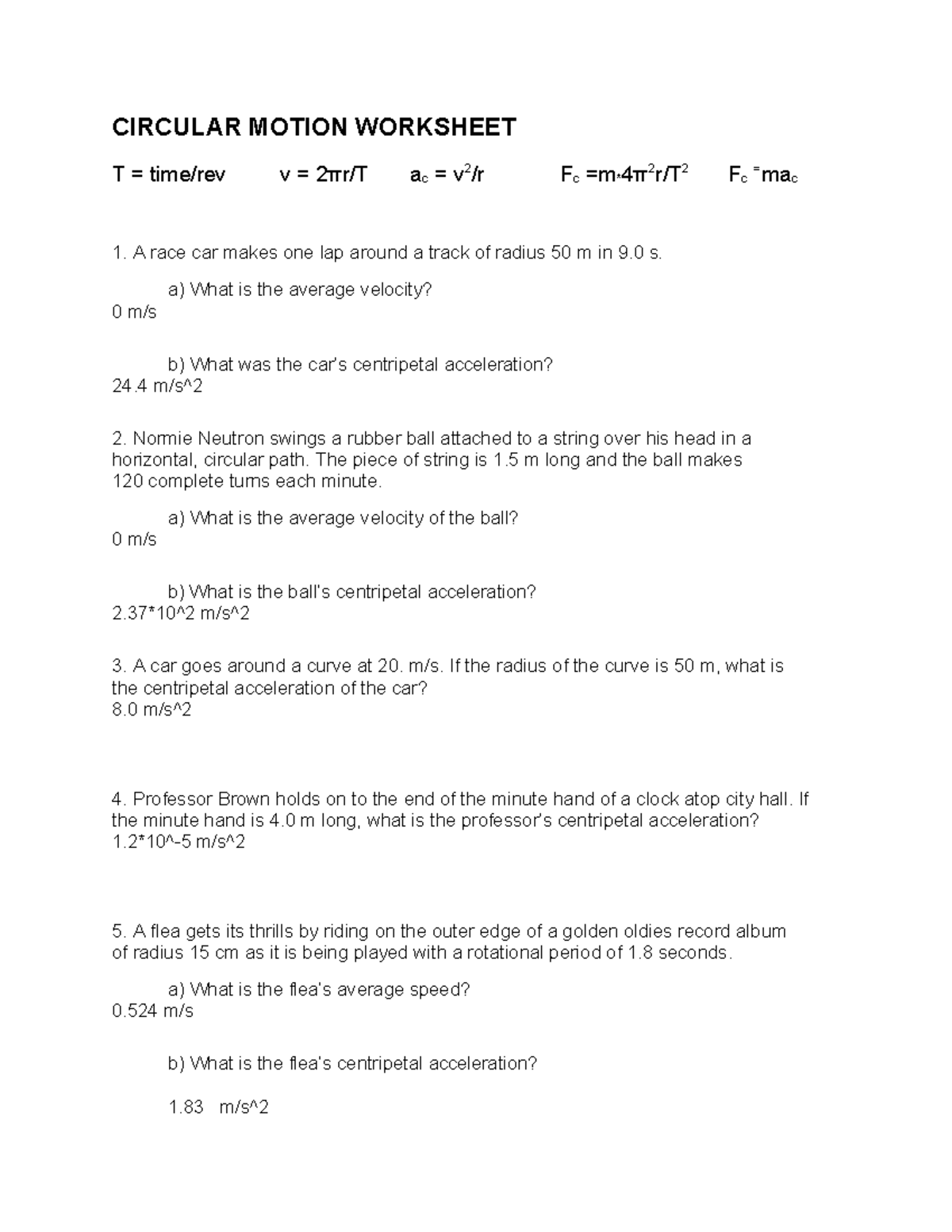 Circular Motion Worksheet - Practice Physics 1 - Studocu