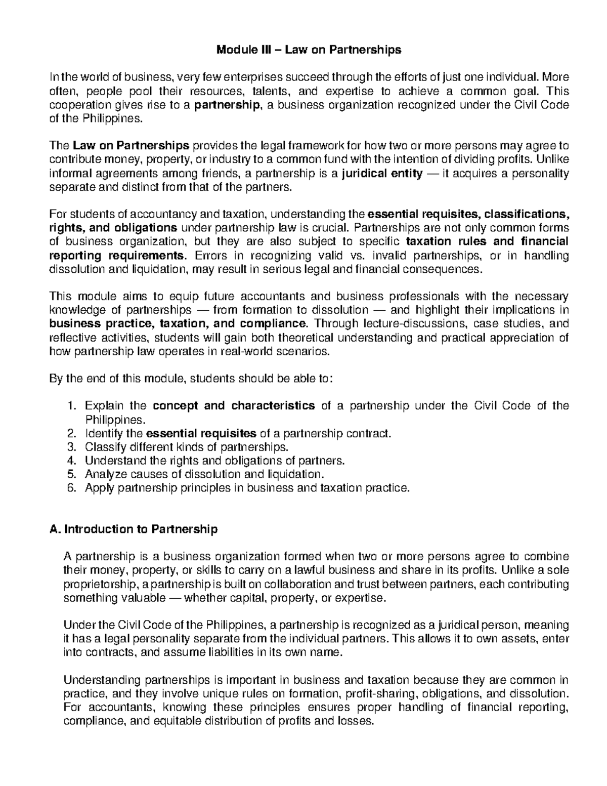 Module IV: Midterm on Business Law & Regulations - Partnerships - Studocu