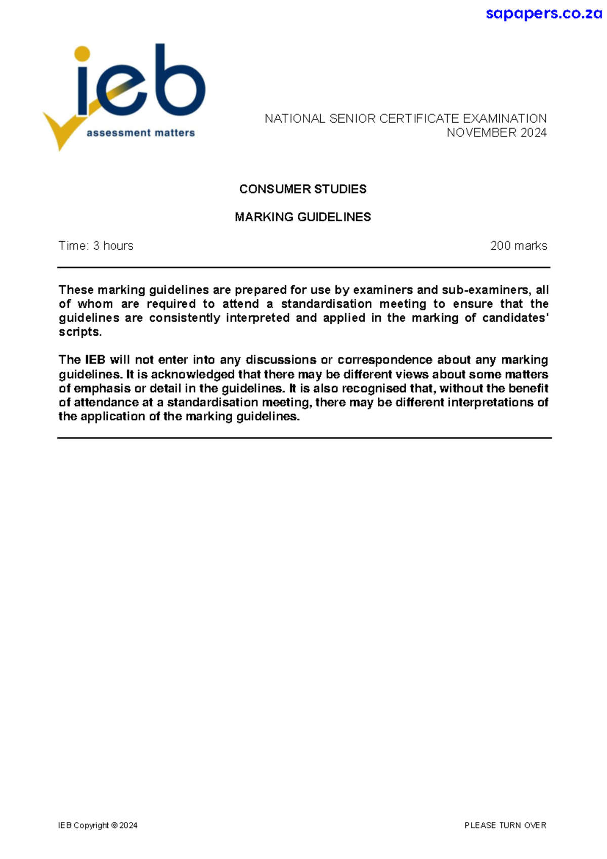 NATIONAL SENIOR CERTIFICATE: CONSUMER STUDIES MEMO 2024 MARKING ...
