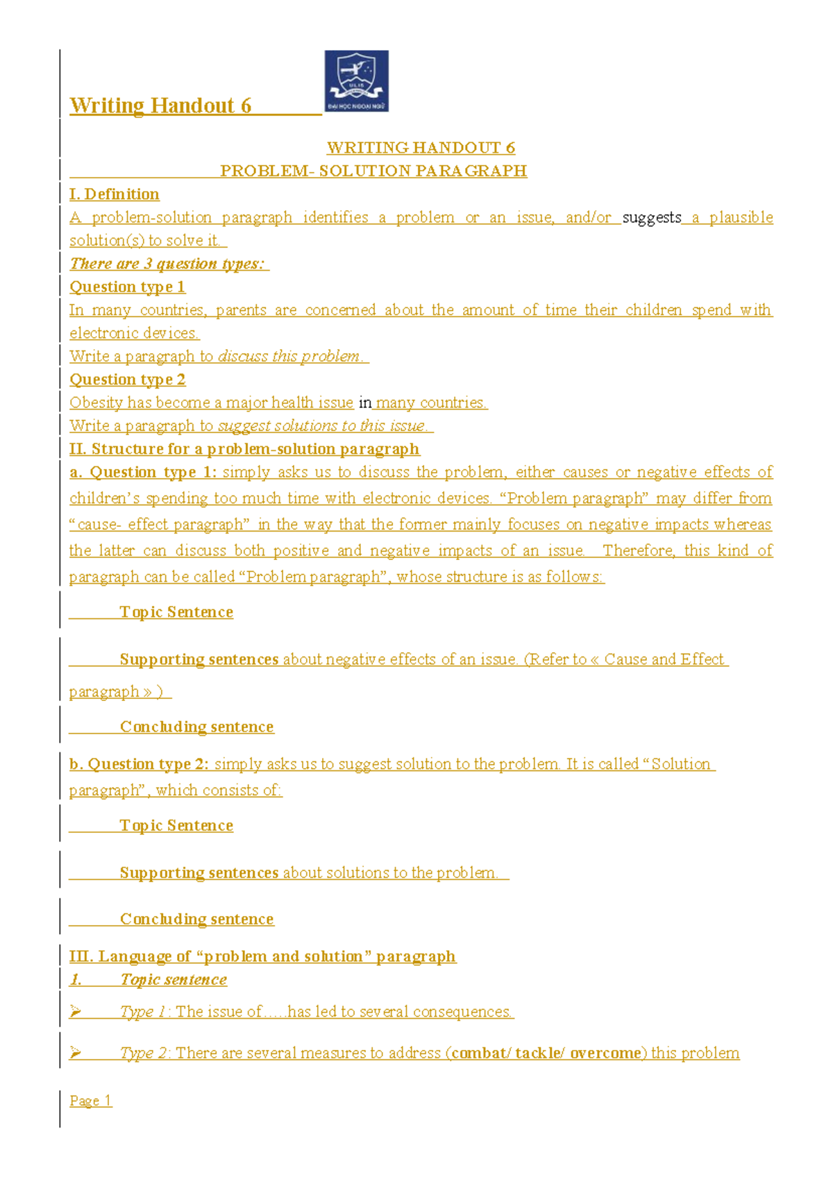 Writing Handout 6: Problem-Solution Paragraphs Guide - Studocu
