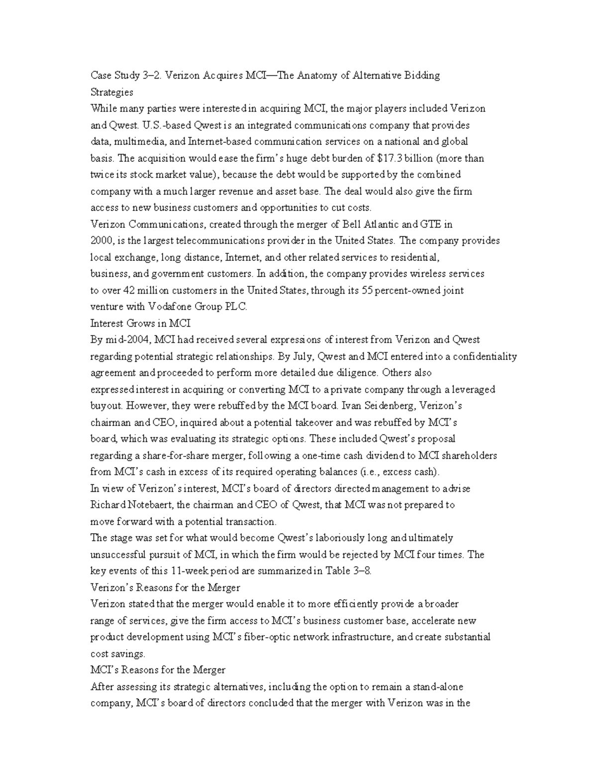 Case Study 3-2: Verizon's Acquisition of MCI - Bidding Strategies ...
