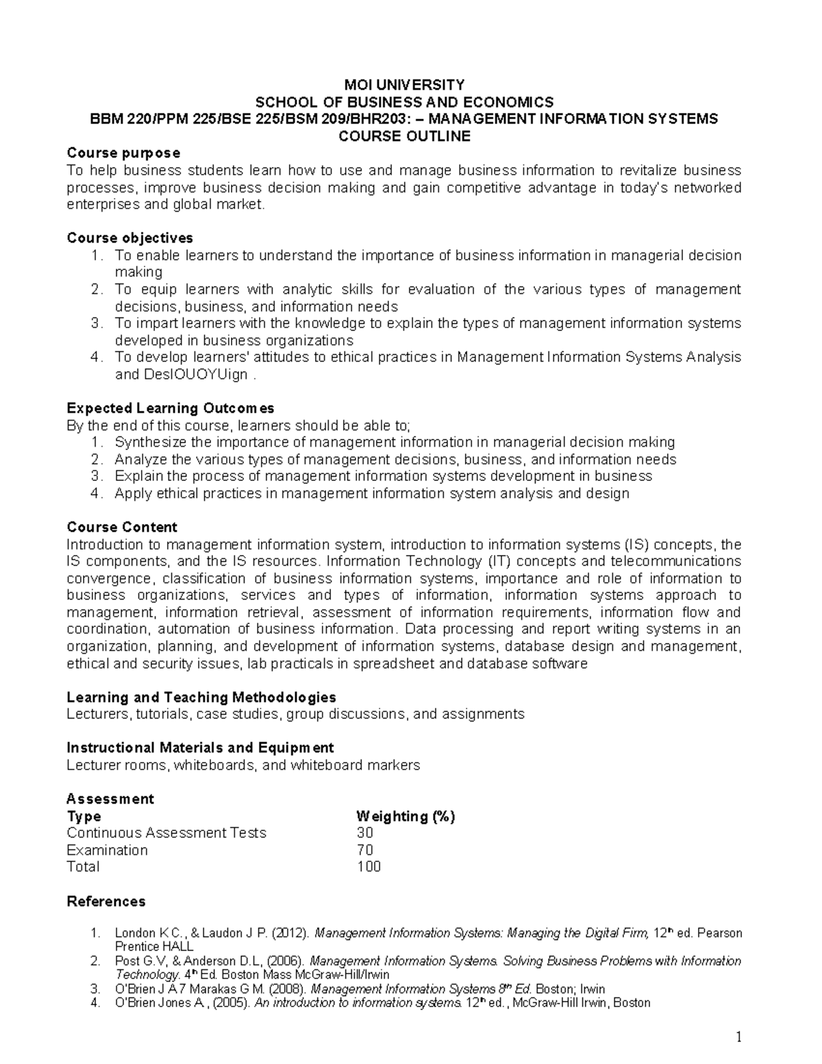 BBM 220 Course Outline: Management Information Systems Overview - Studocu