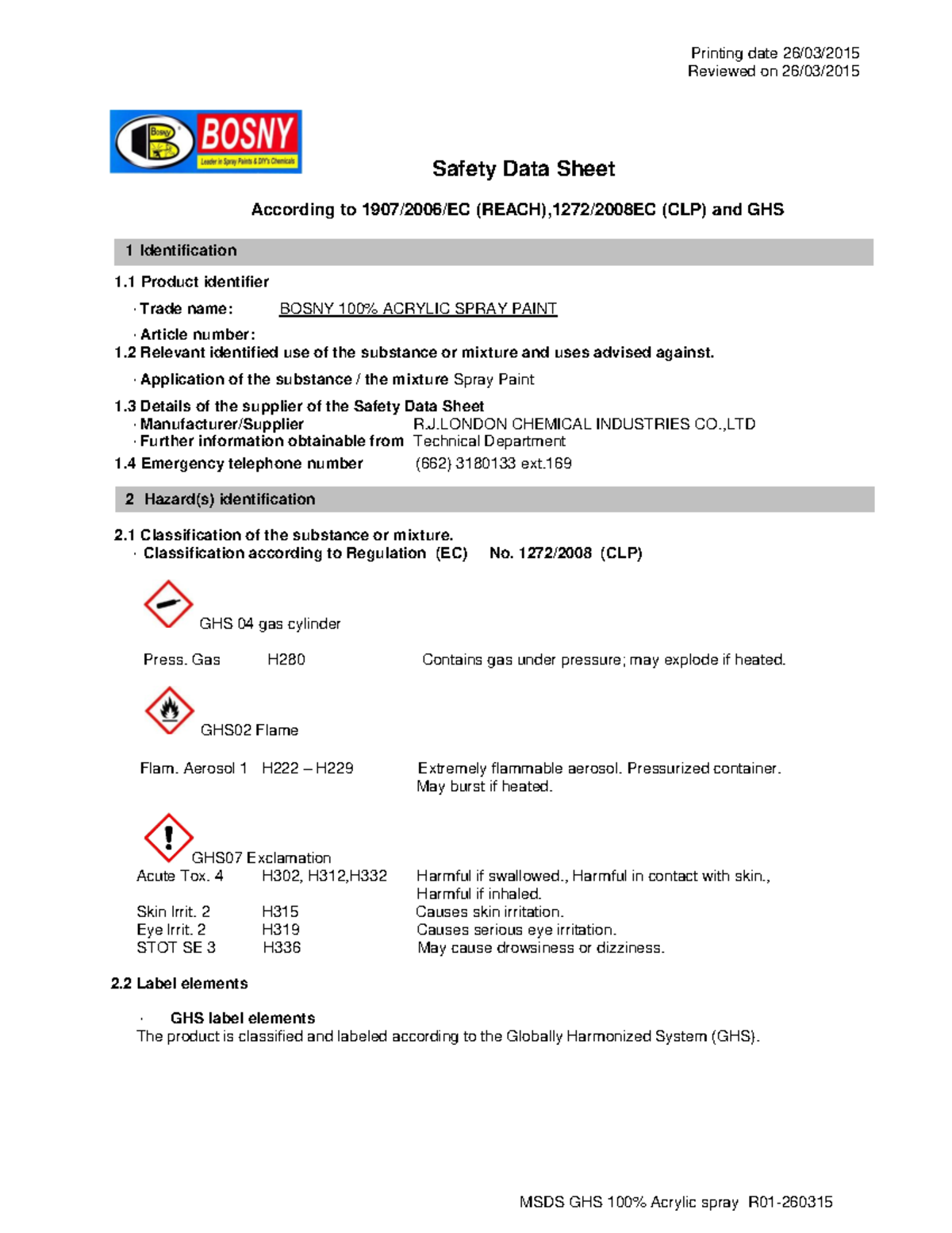 Bosny Paint MSDS - Safety Data and Handling Guidelines - Studocu