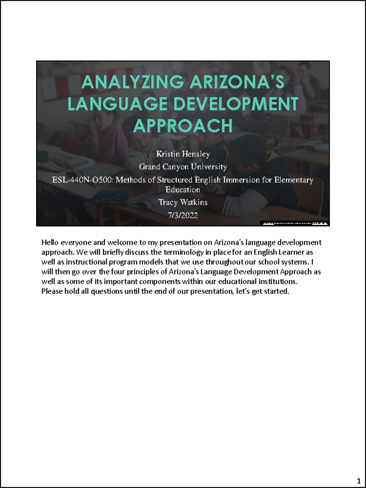 GCU ESL-440N Week 2 Assignment: Evaluating Arizona's Language Approach ...