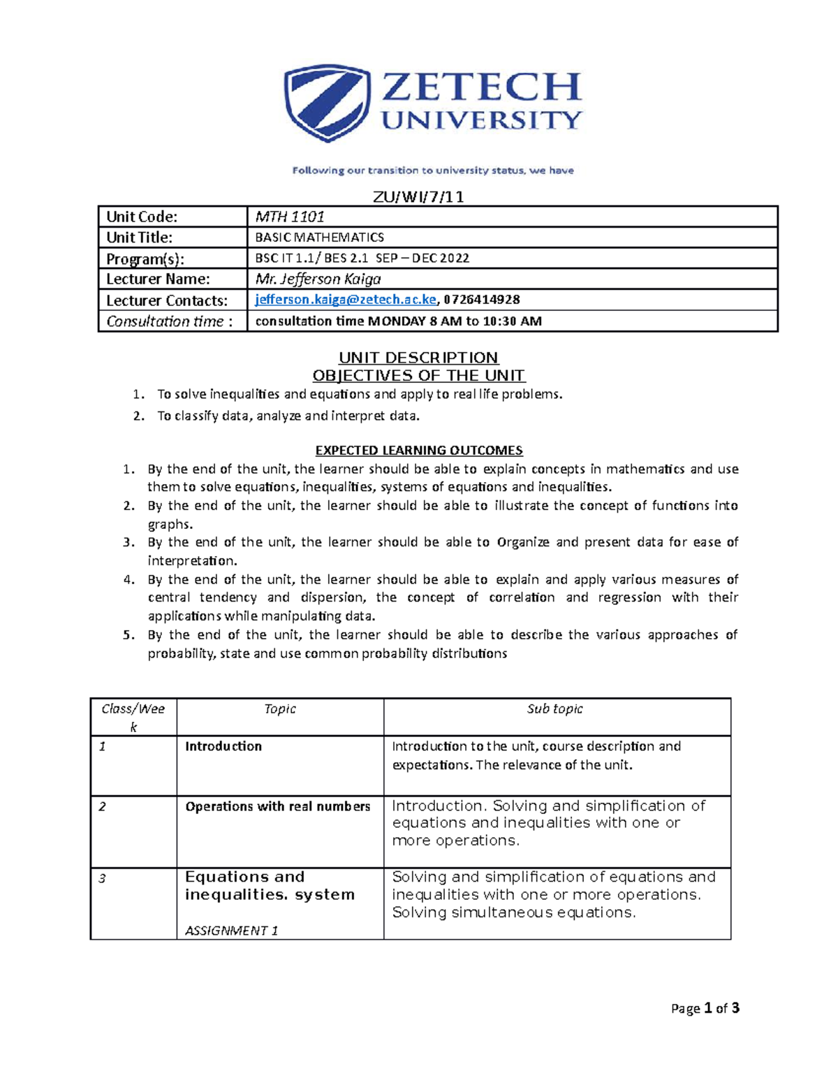 BSC IT MTH 1101 Basic Mathematics Unit Overview & Learning Outcomes ...