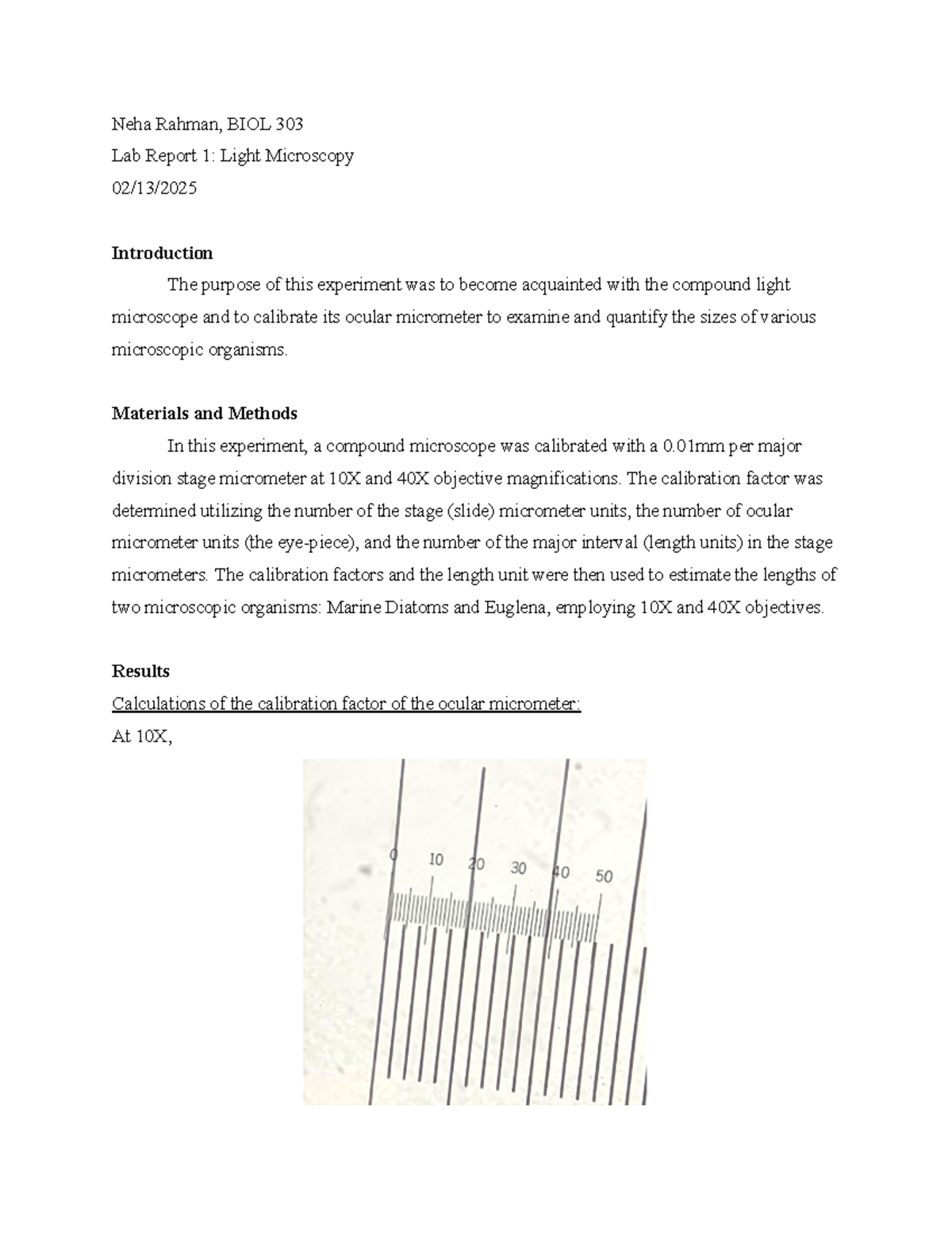 BIOL 303 - Lab 1 Light Microscopy - Neha Rahman, BIOL 303 Lab Report 1 ...
