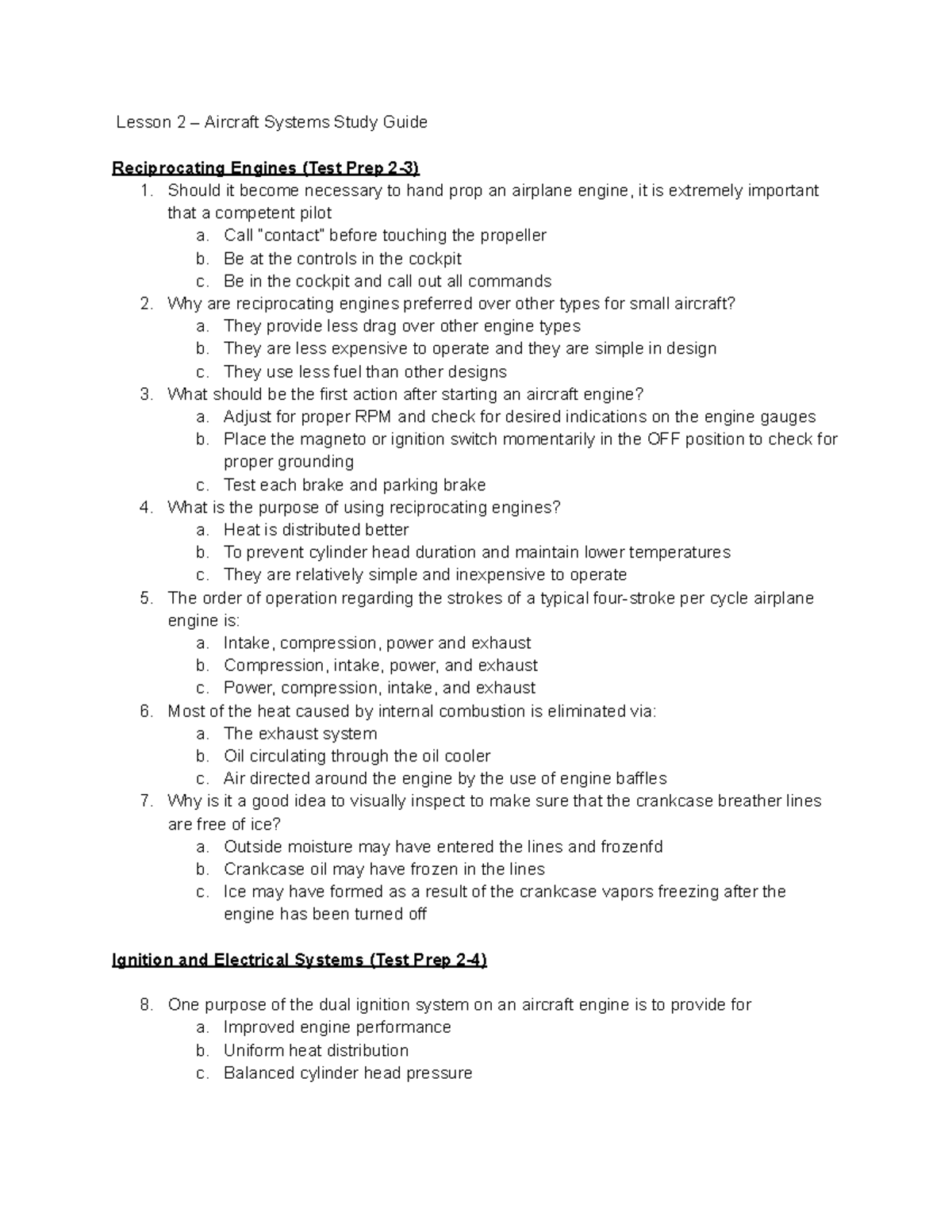 Lesson 2: Aircraft Systems Study Guide on Reciprocating Engines (Test ...