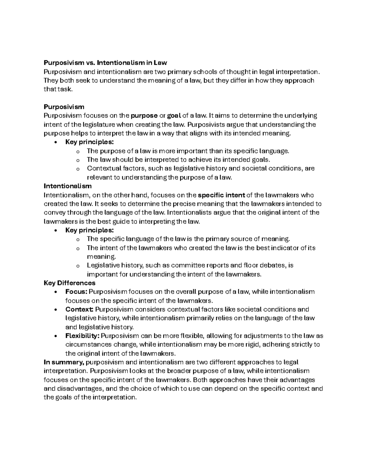 Legal Interpretation: Purposivism vs. Intentionalism Notes - Studocu