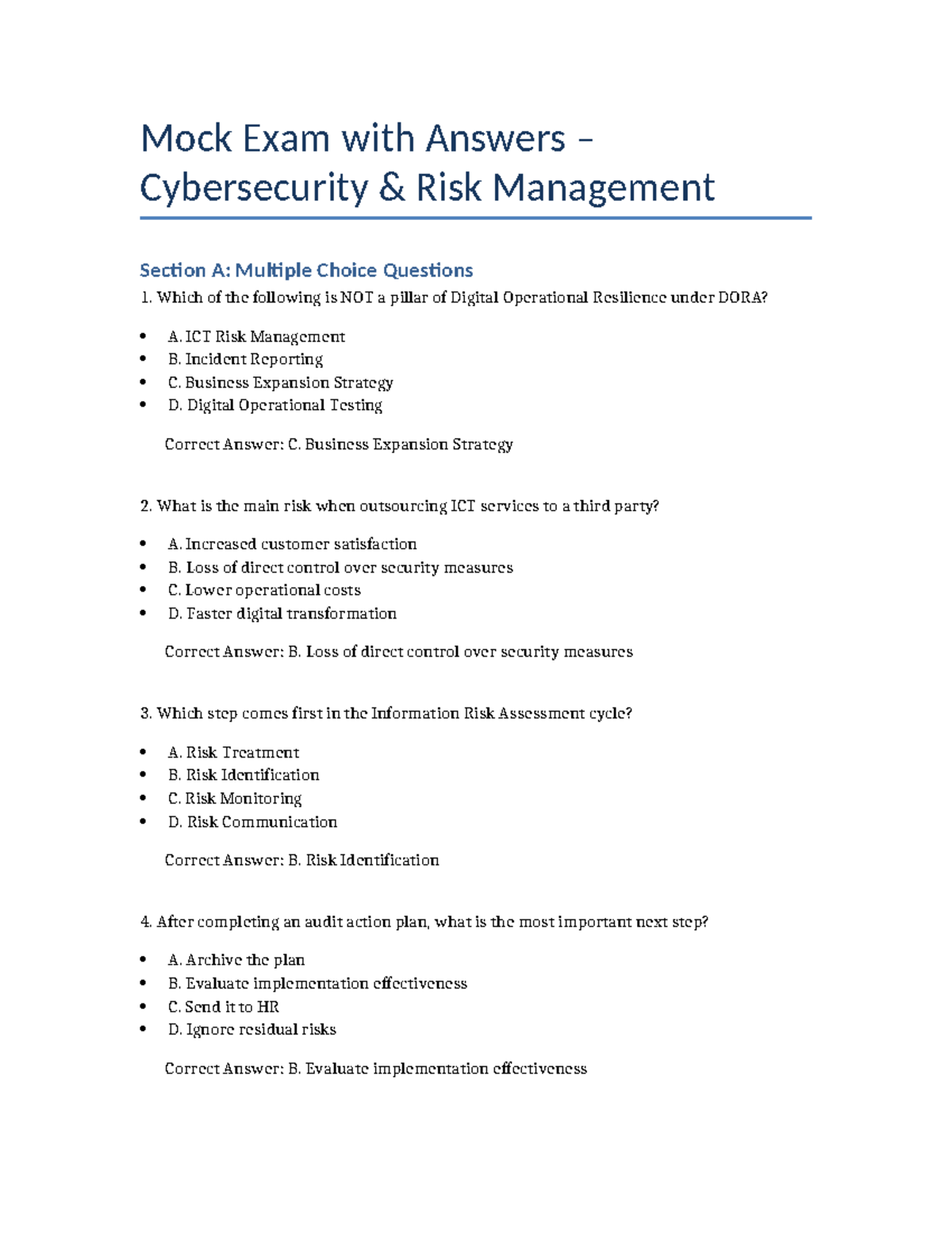 Mock Exam with Answers: Cybersecurity Risk Management (SDSFDS) - Studocu
